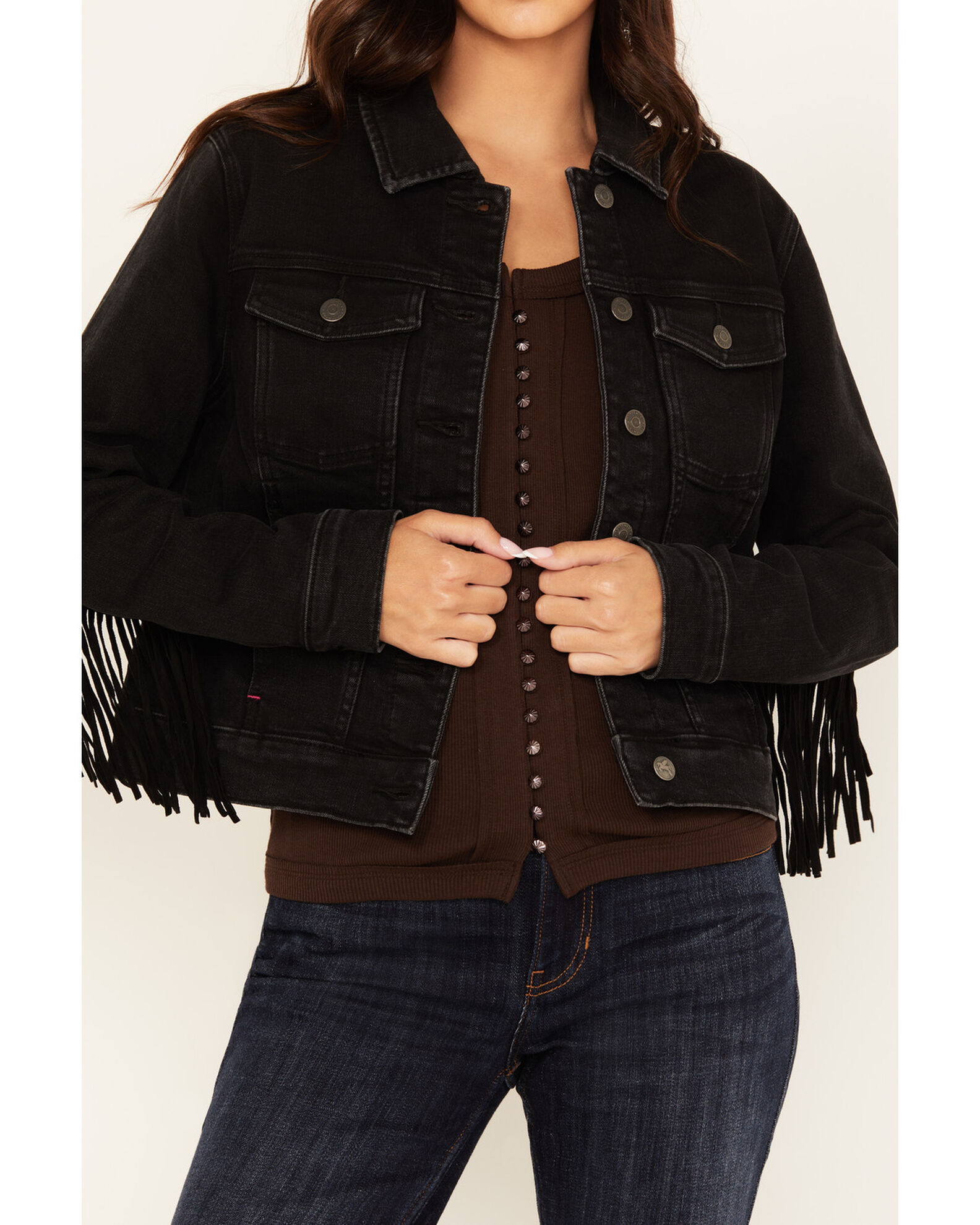 Idyllwind Women's Outlaw Fringe Trucker Jacket, Black