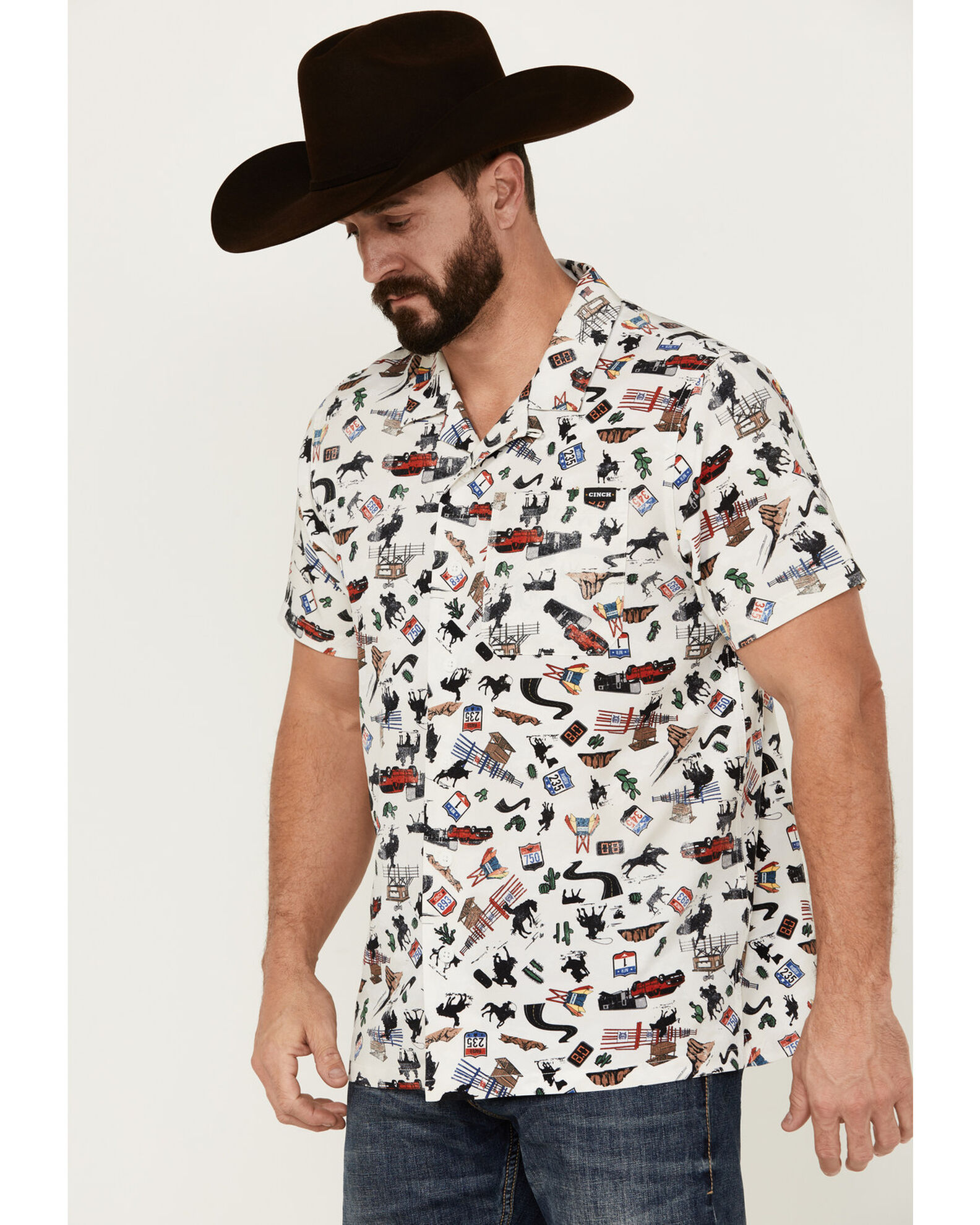 Cinch Men's Rodeo Conversational Print Short Sleeve Button-Down ...