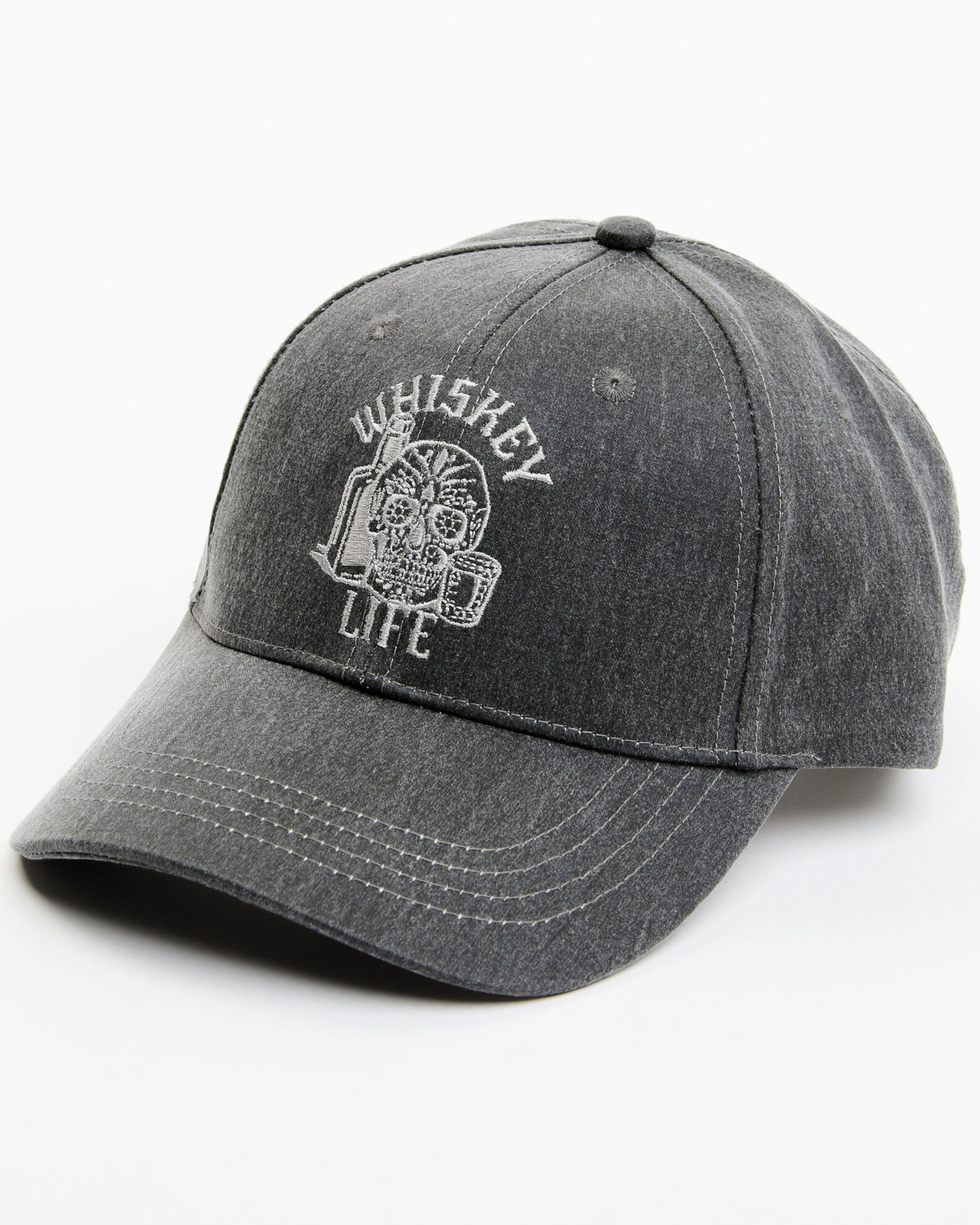 Moonshine Spirit Men's Embroidered Whiskey Life Skull Solid Ball Cap, Grey