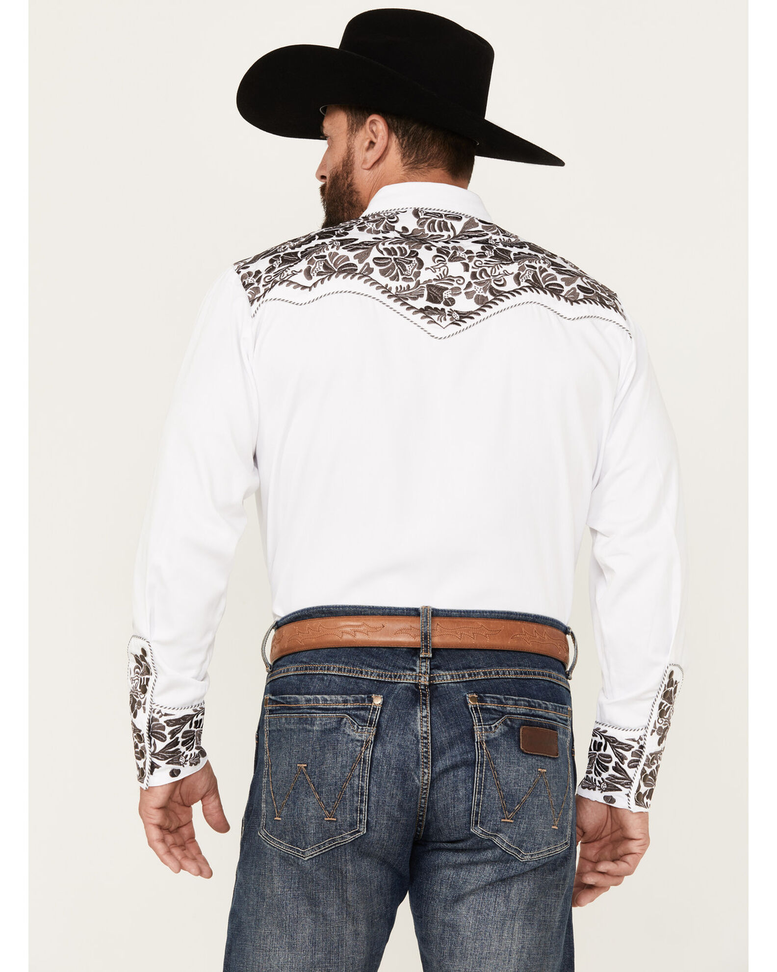 Scully Men's Embroidered Gunfighter Long Sleeve Snap Western Shirt, Steel