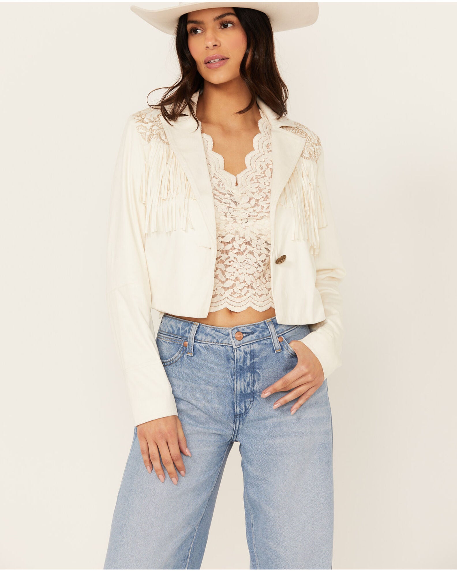 Shyanne Women's Embellished Fringe Faux Suede Blazer, Cream