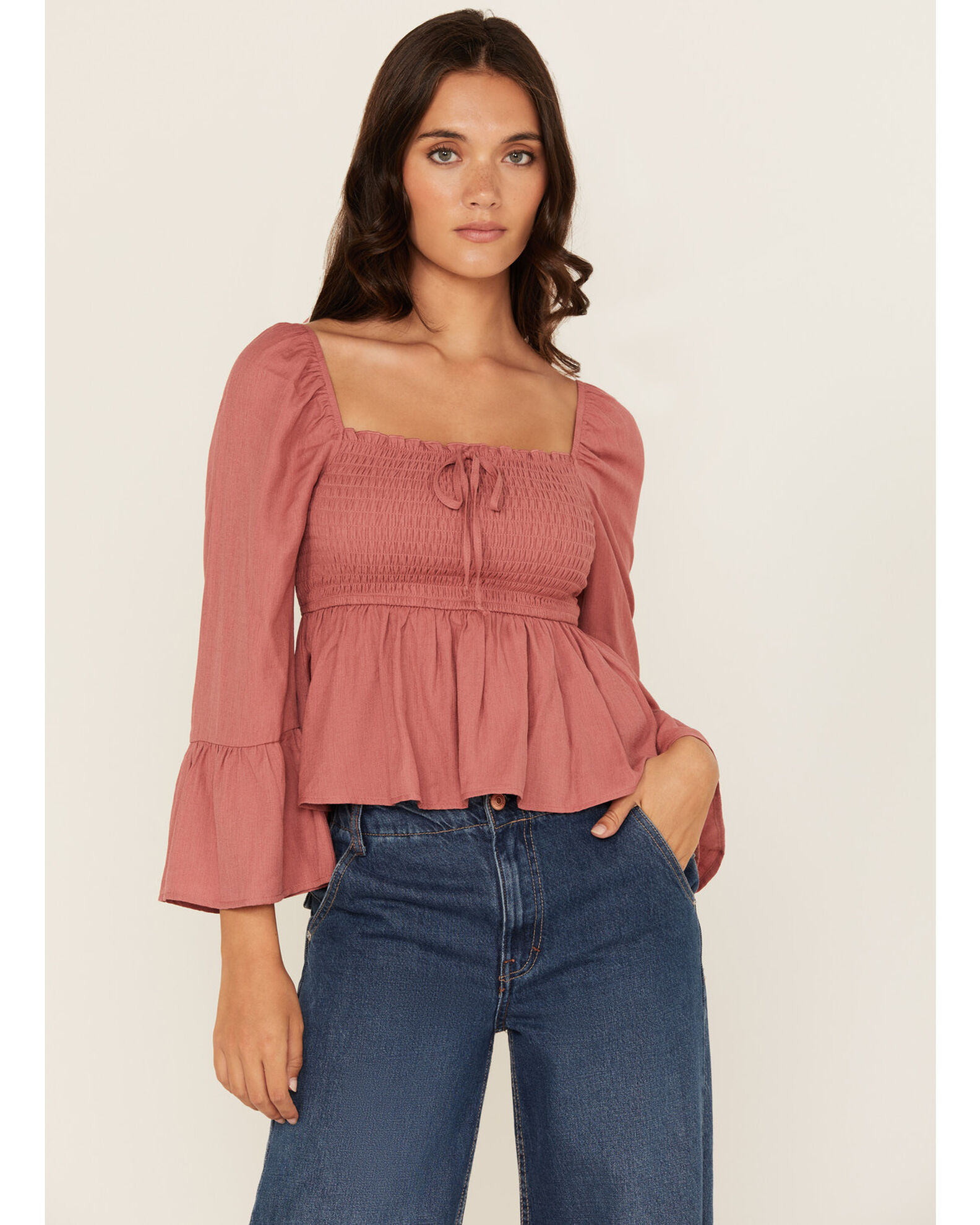 Ash & Violet Women's Solid Smocked Long Sleeve Blouse, Pink