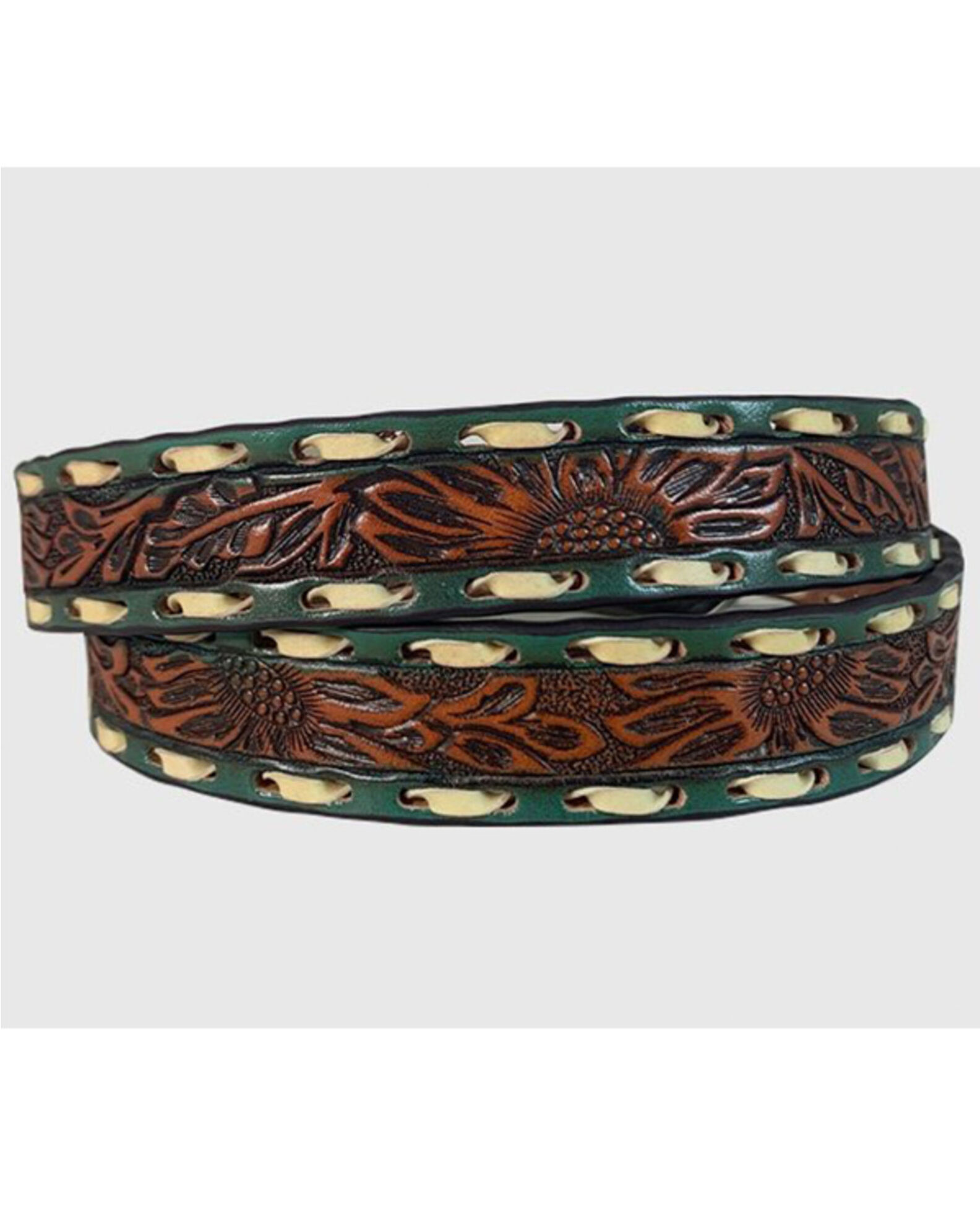 Lyntone Women's Brown & Turquoise Floral Tooled & Laced Leather Belt,
