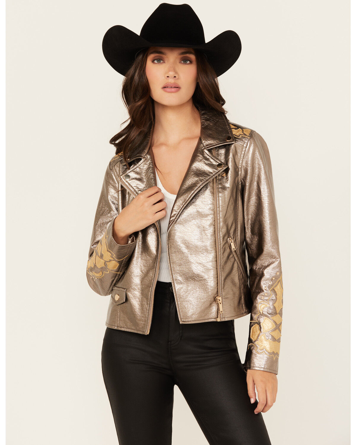 Image #1 - Stoosh Women's Metallic Faux Leather Moto Jacket, Silver, hi-res