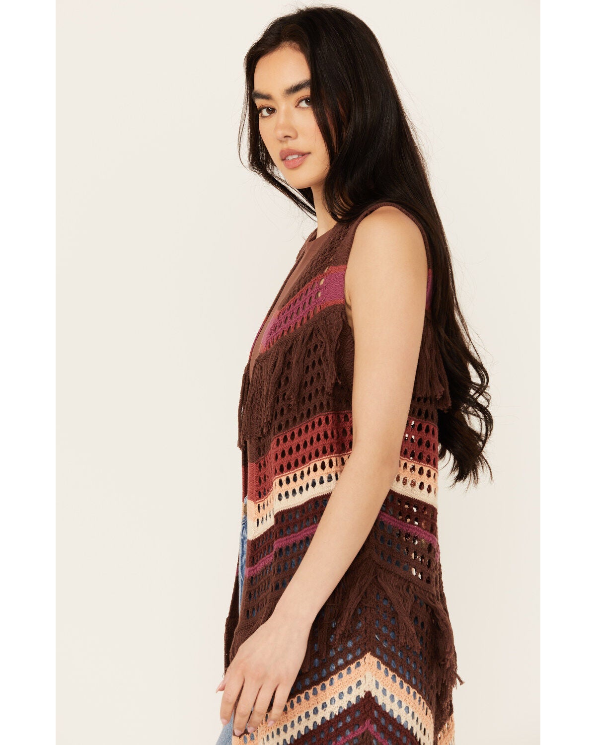 Product Name: Shyanne Women's Long Striped Crochet Fringe Sweater Vest