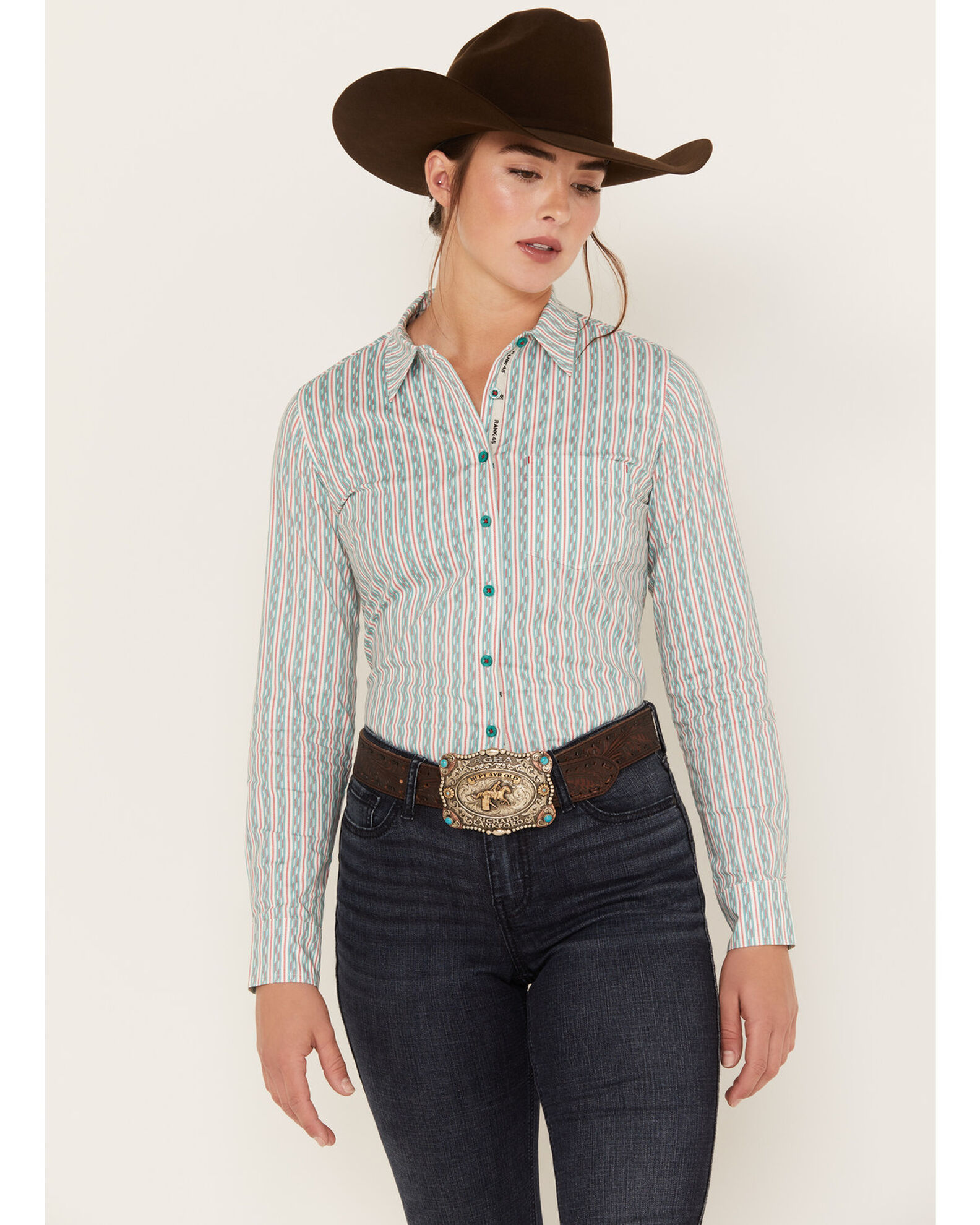 RANK 45® Women's Long Sleeve Button-Down Striped Poplin Western Riding ...