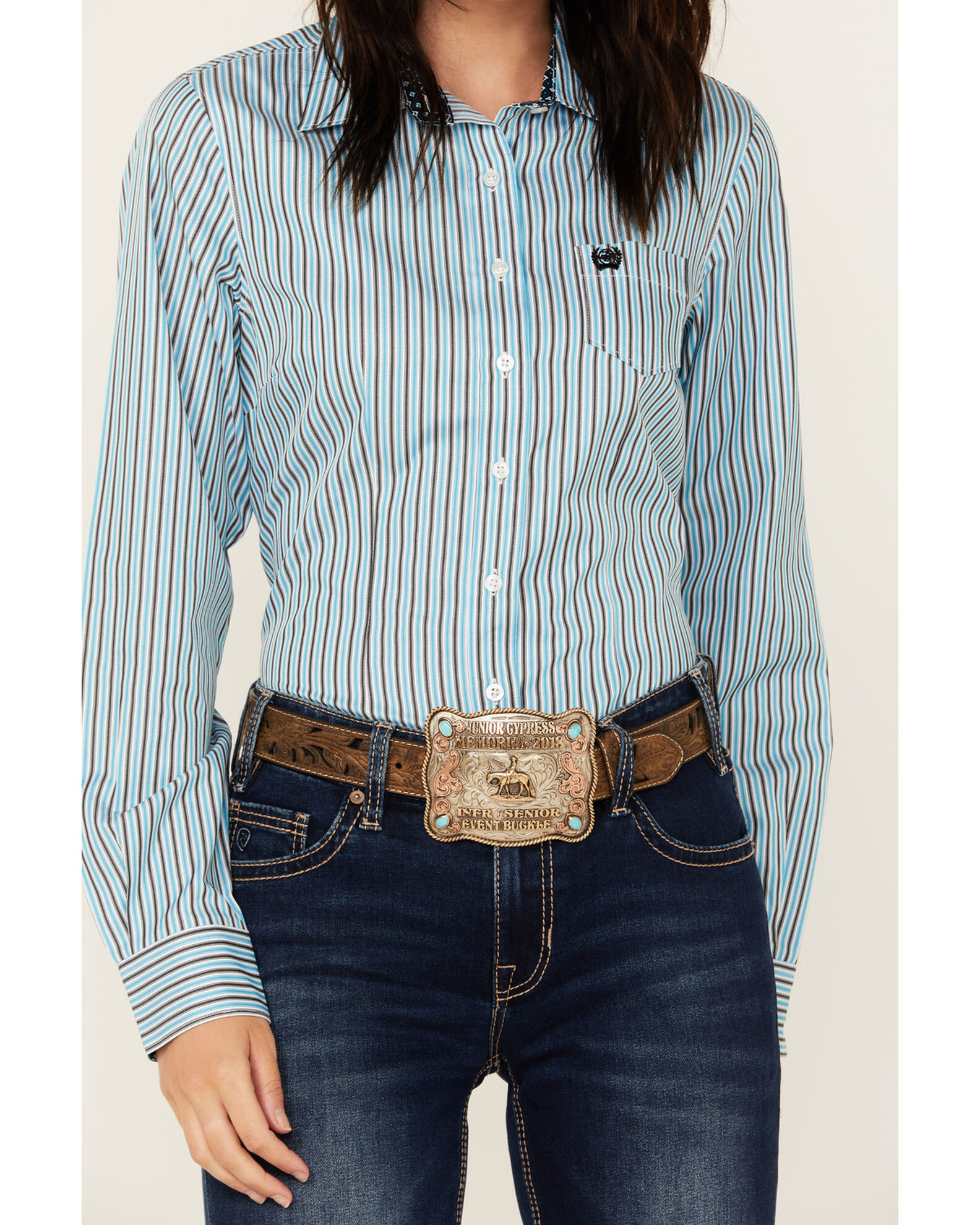 Cinch Womens Striped Long Sleeve Button Down Western Core Shirt Blue