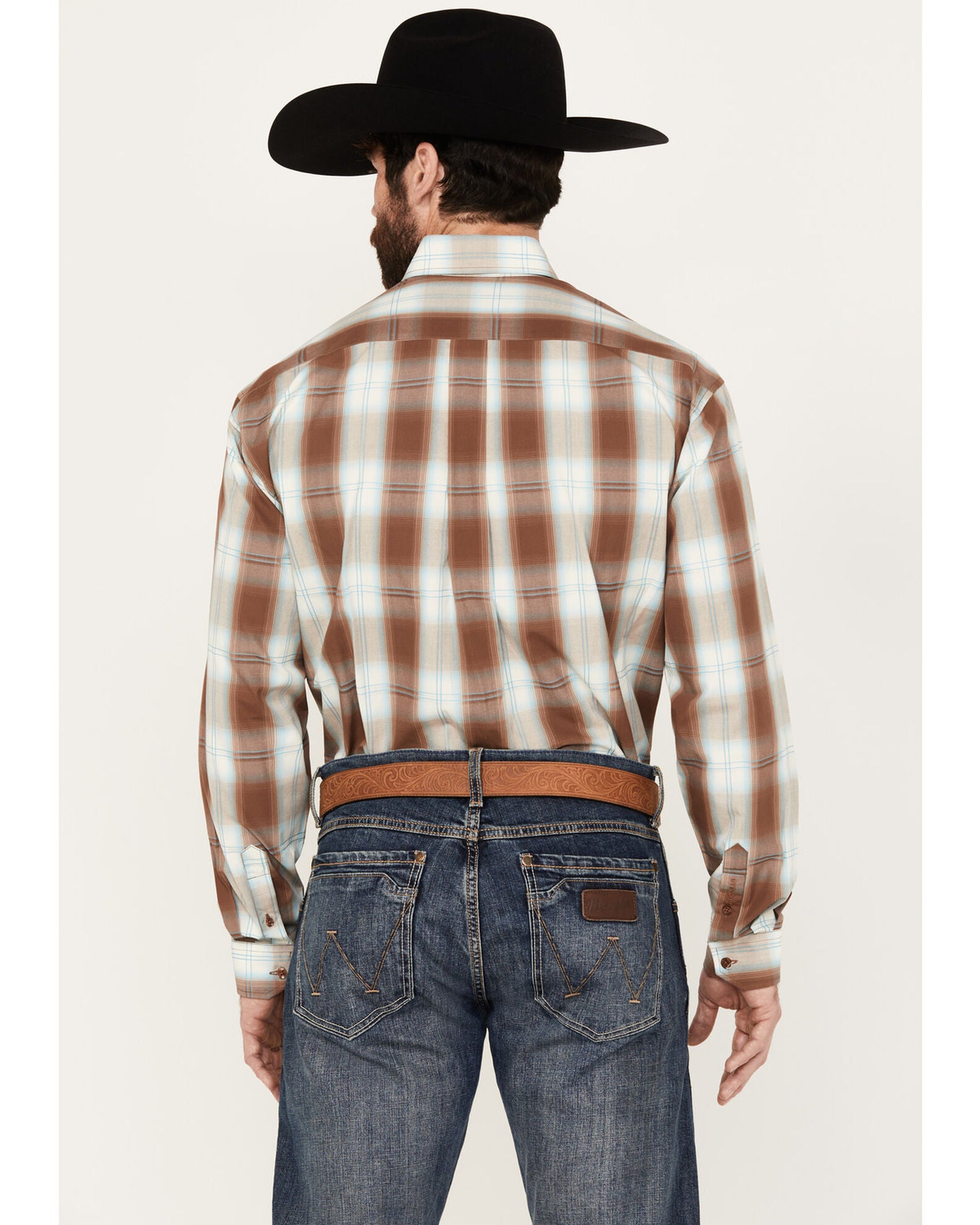 Stetson Men's Plaid Print Long Sleeve Button Down Western Shirt, Brown