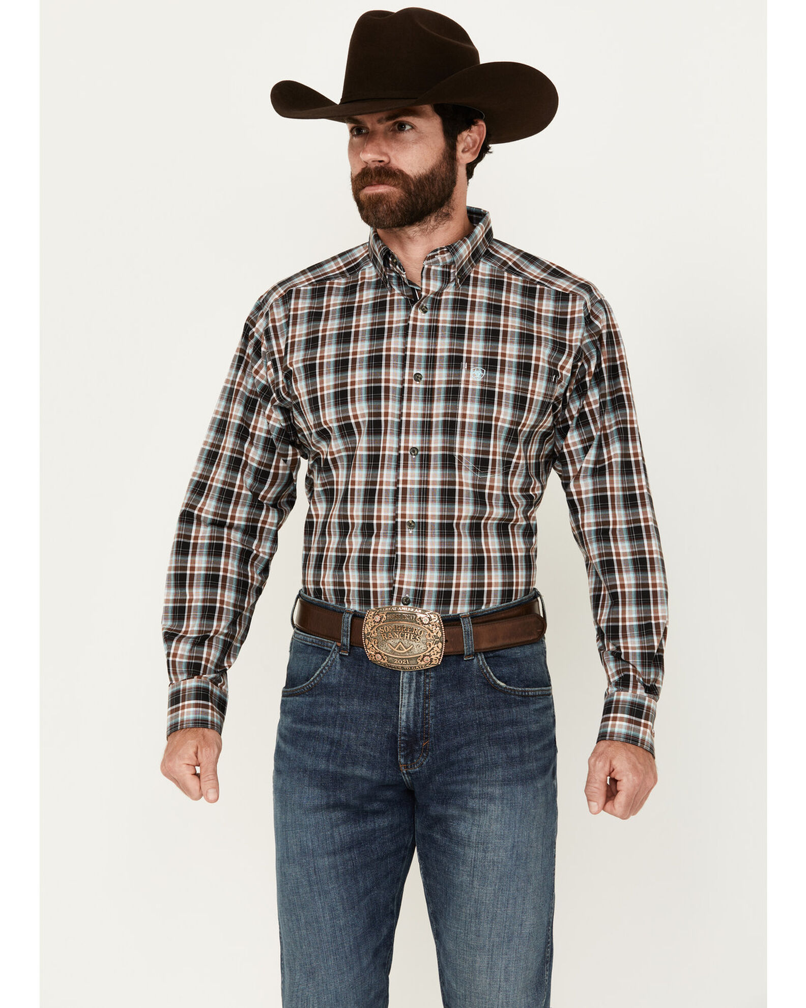 Ariat Mens Nathanael Plaid Print Long Sleeve Button Down Performance