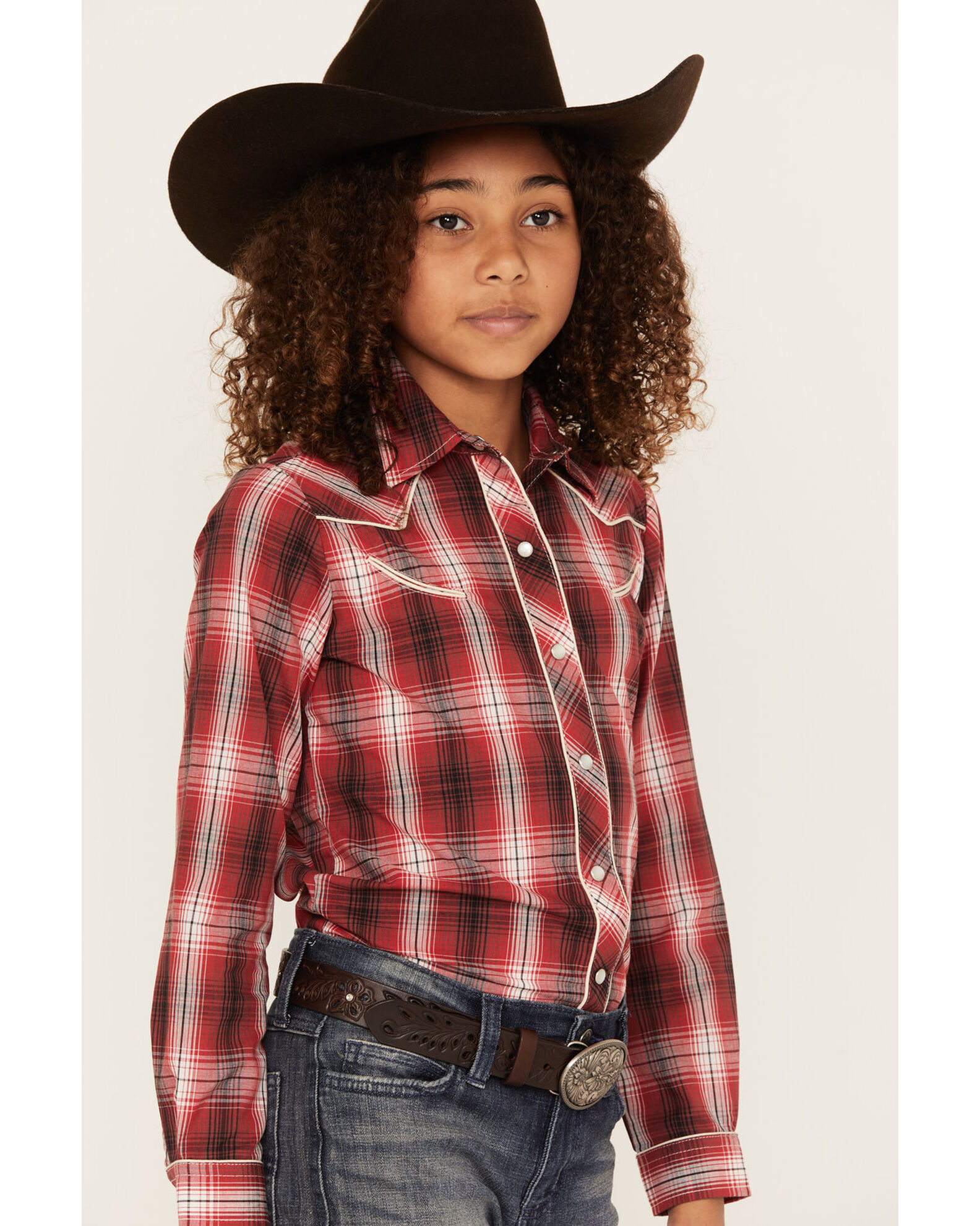 Roper Girls' Plaid Print Long Sleeve Pearl Snap Western Shirt, Red