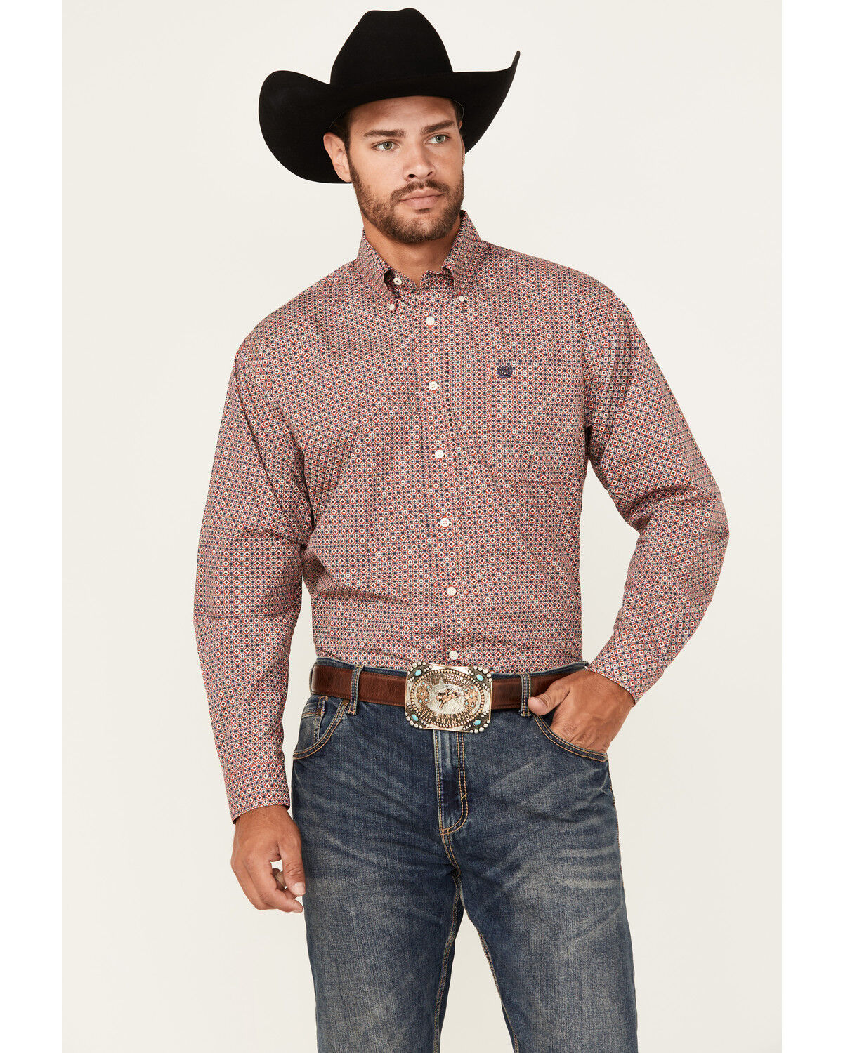Cinch Mens Geo Print Long Sleeve Button Down Western Shirt Red