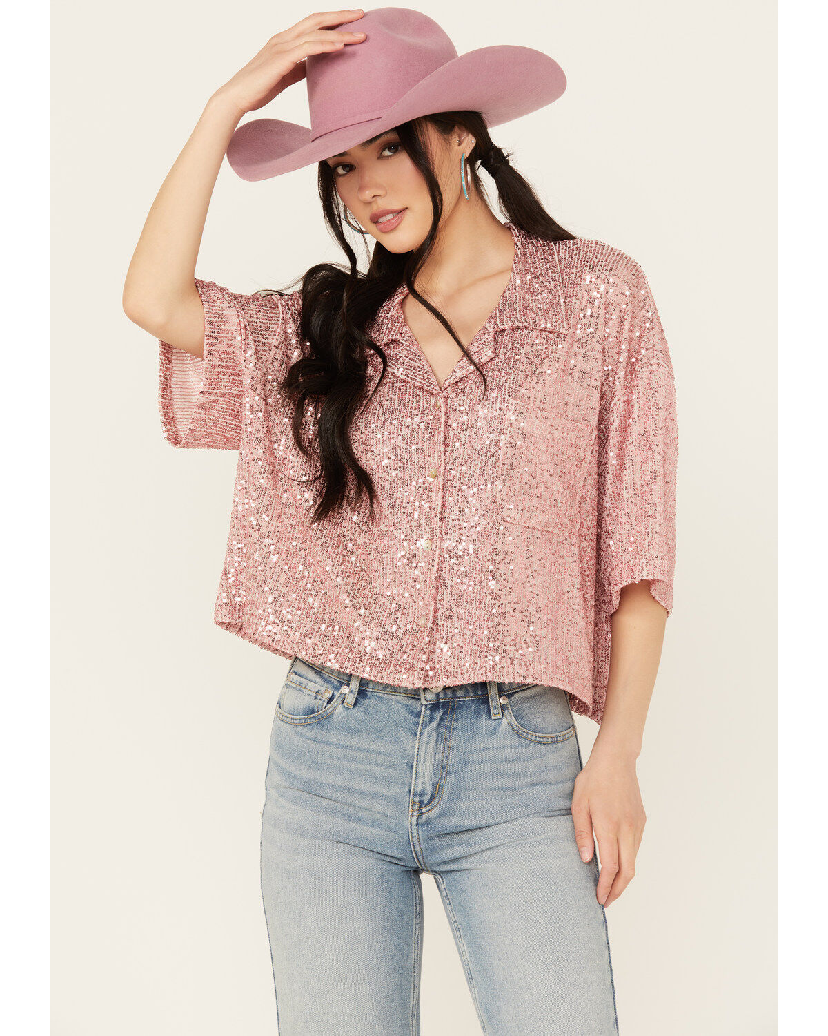 POL Women's Sequin Button Up Top, Pink, hi-res