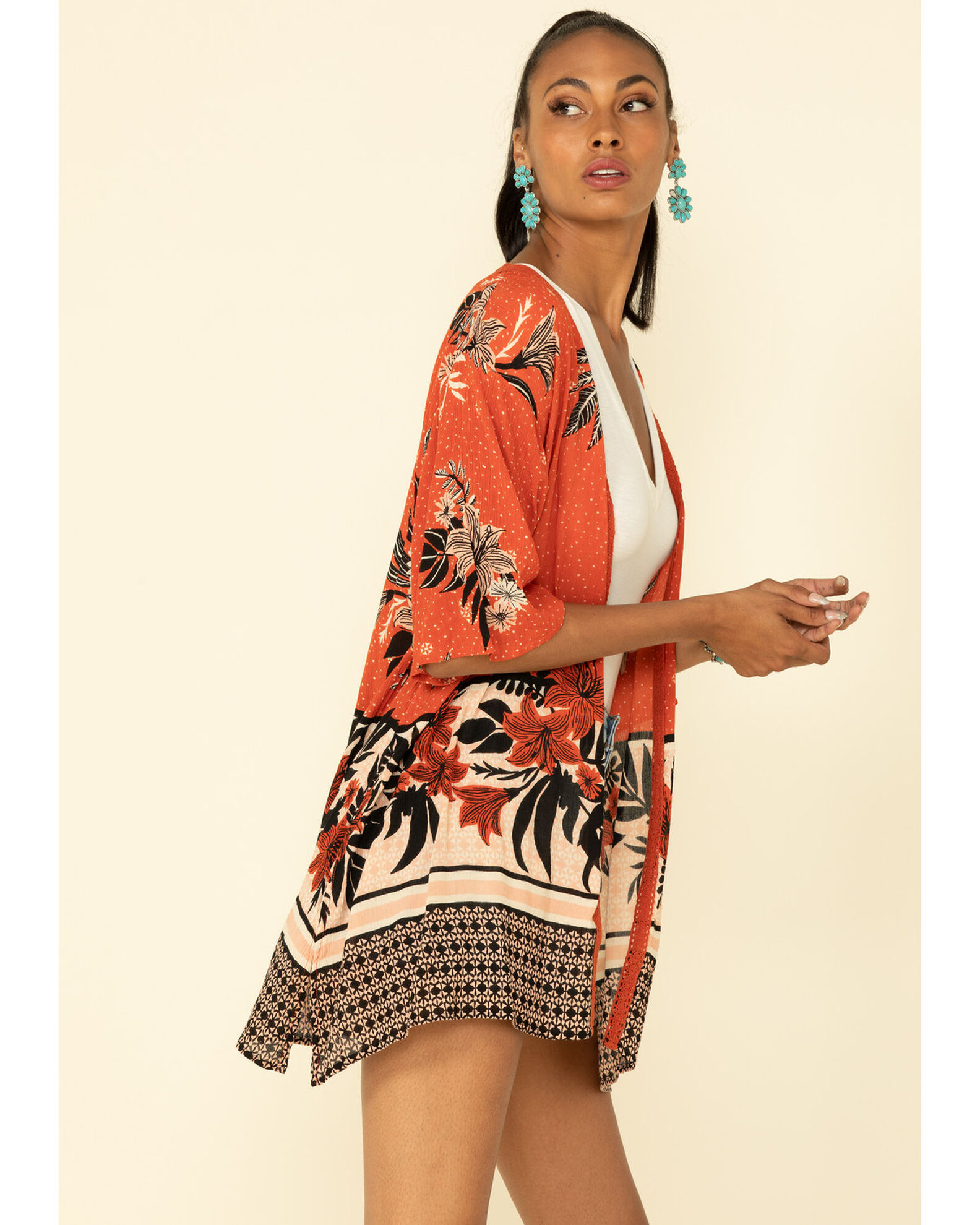 Patrons of Peace Women's Rust Floral Border Print Kimono