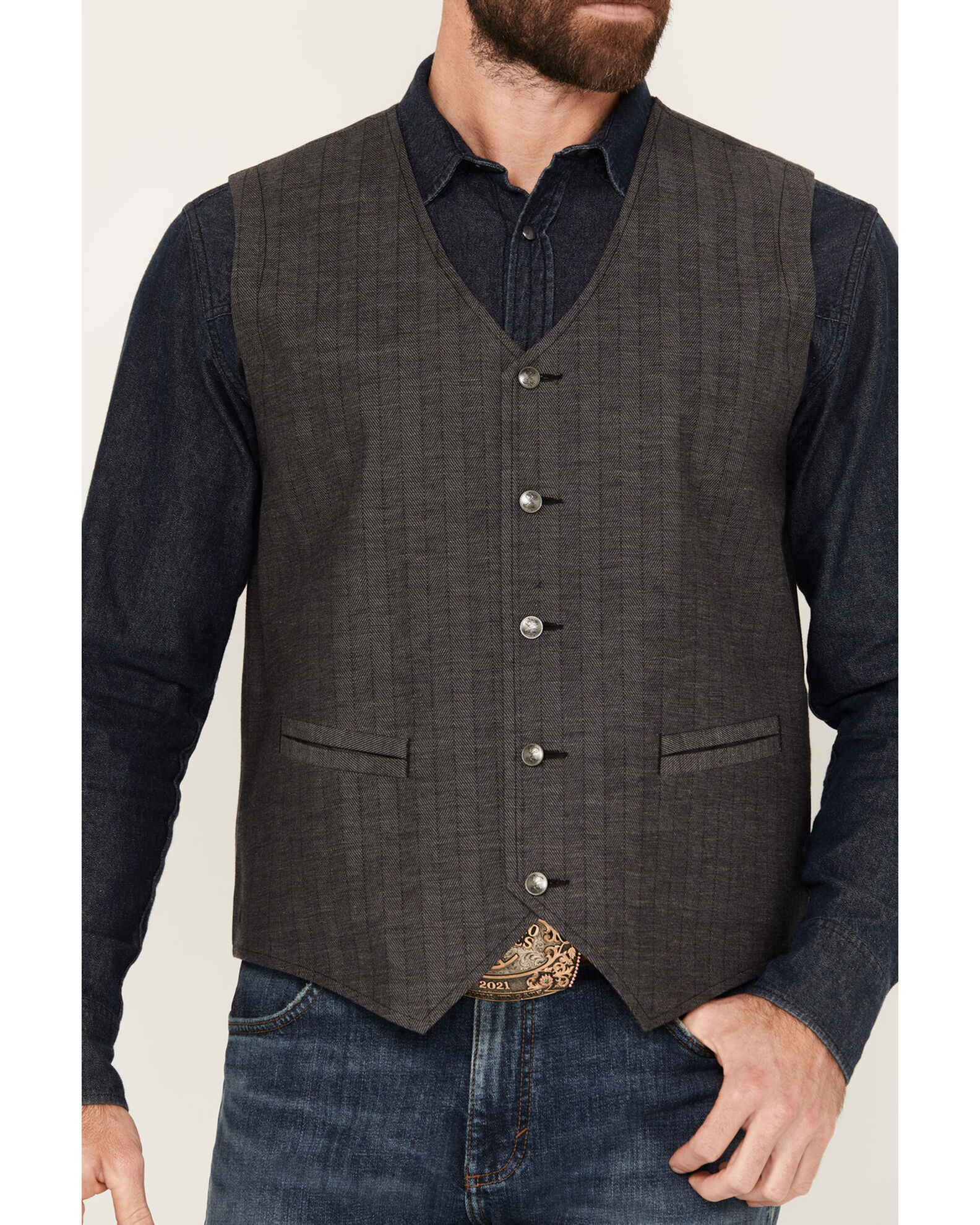 Moonshine Spirit Mens Herringbone Button Down Wool Vest Grey