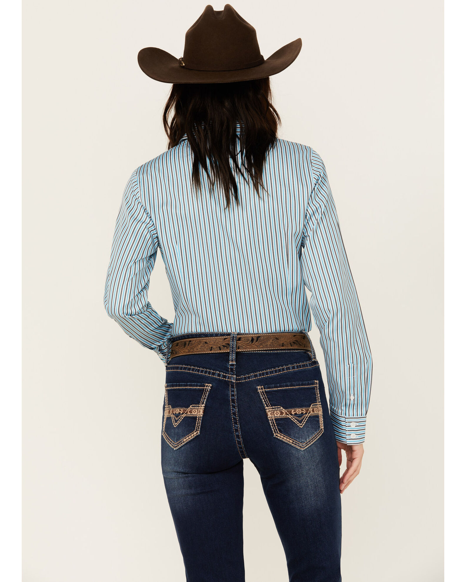 Cinch Womens Striped Long Sleeve Button Down Western Core Shirt Blue