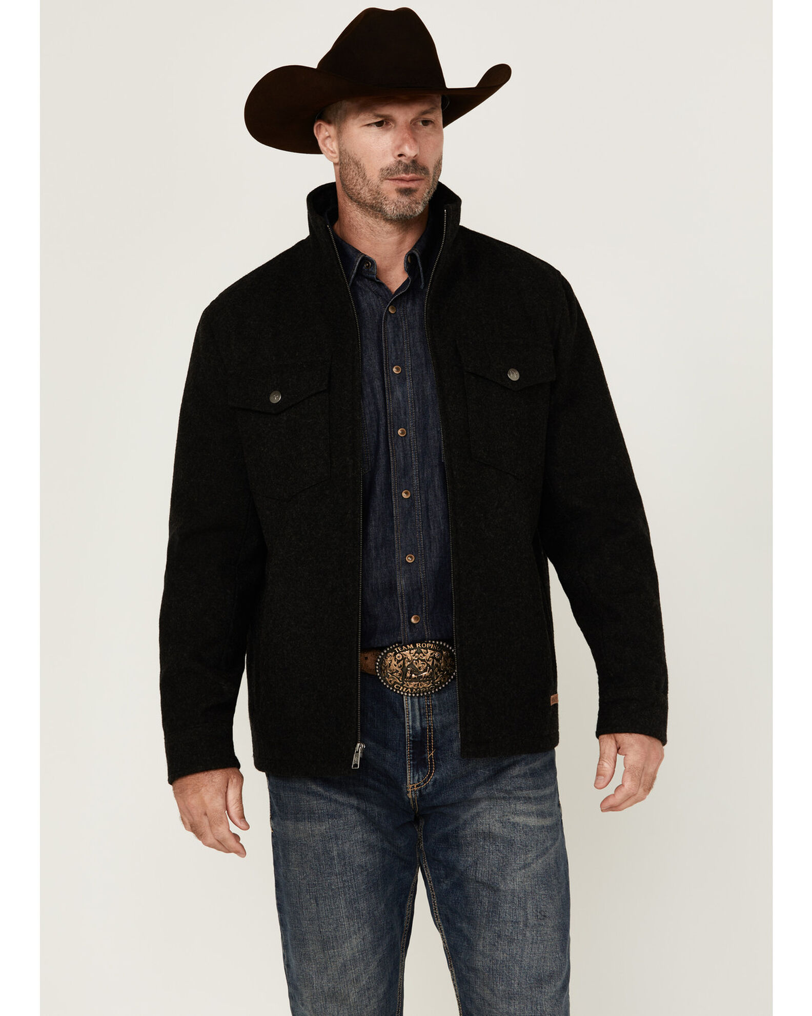 Powder River Outfitters Men's Heather Wool Zip Jacket, Black