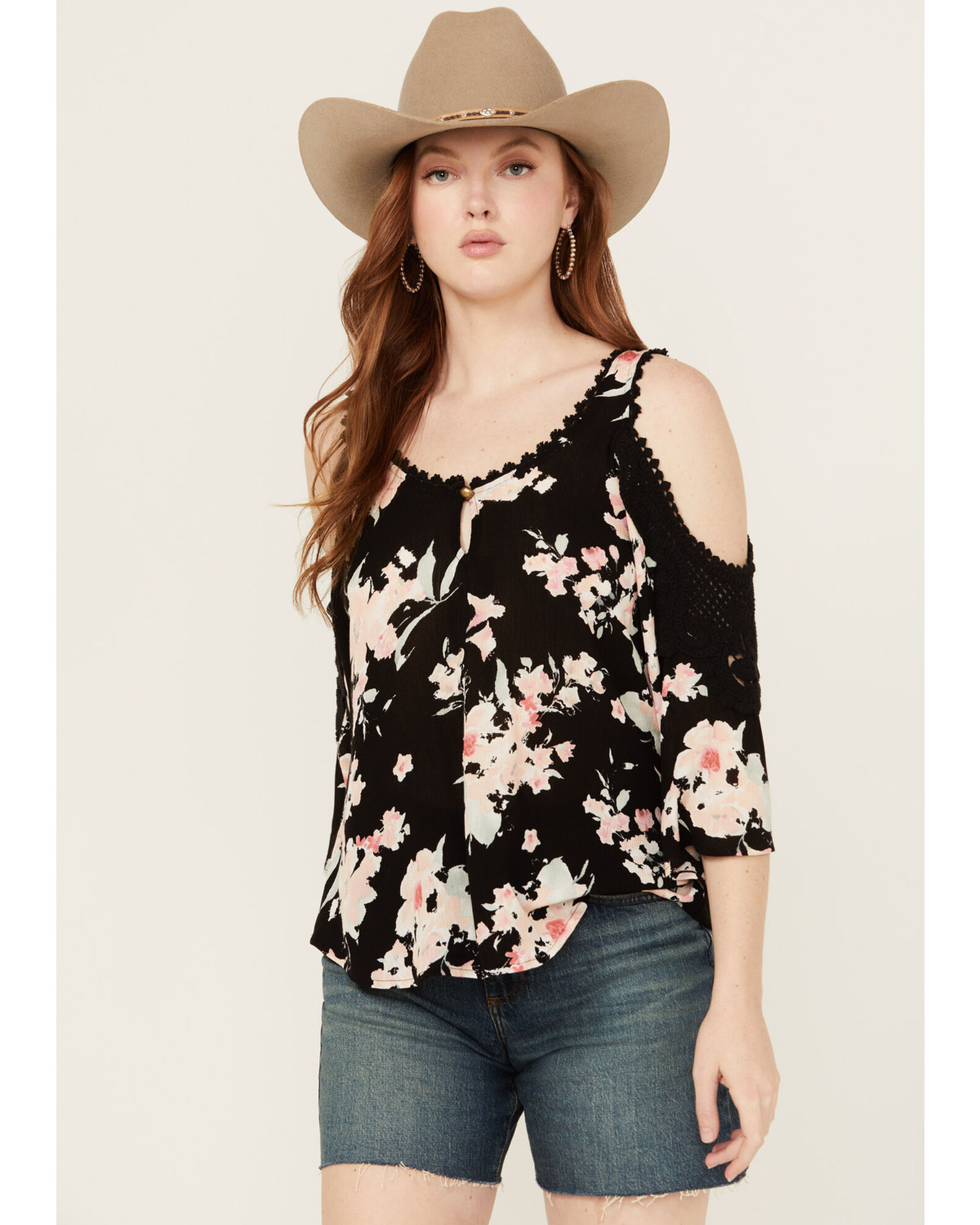 Product Name: Wild Moss Women's Floral Print Cold Shoulder Top