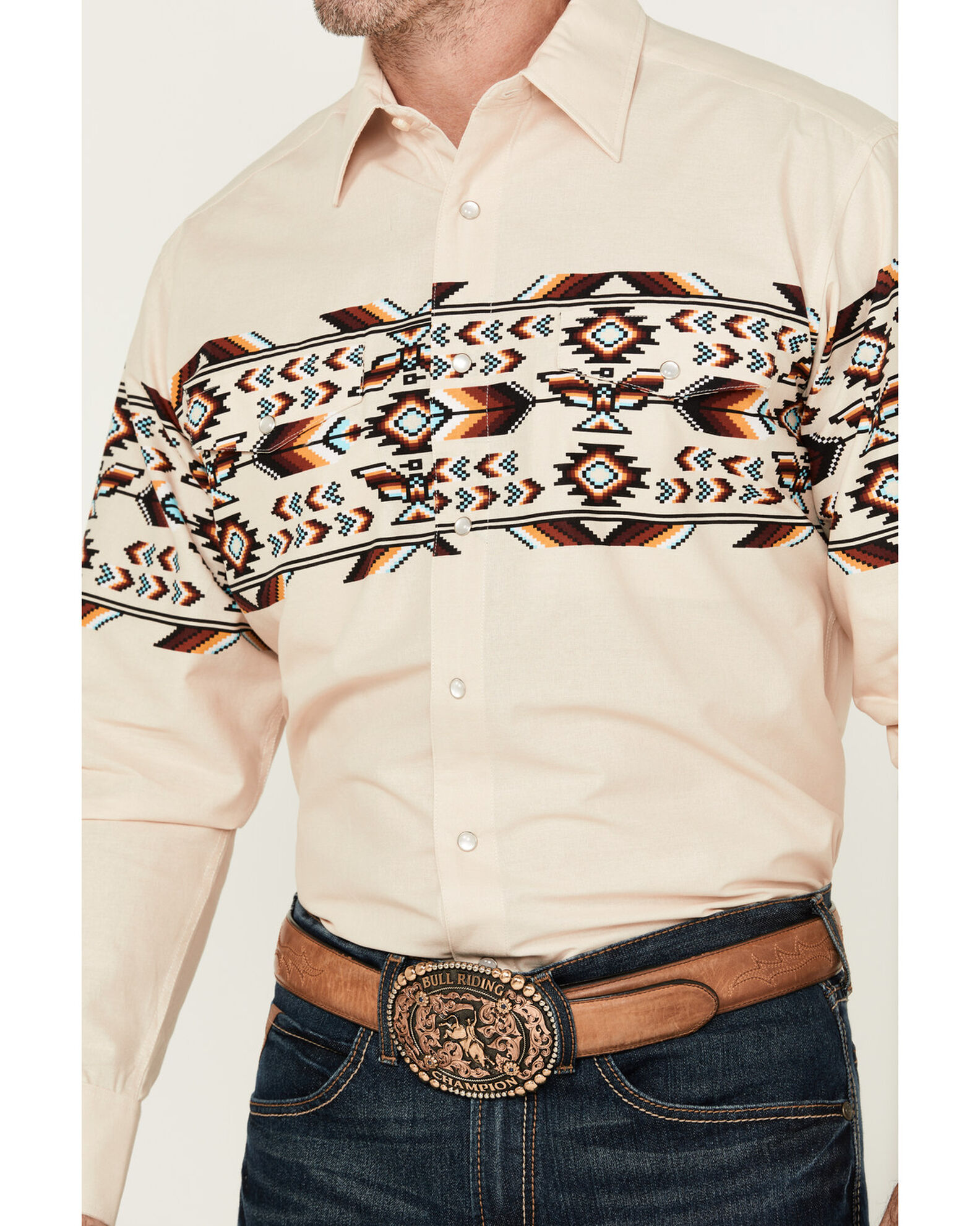 Panhandle Mens Southwestern Print Border Long Sleeve Pearl Snap