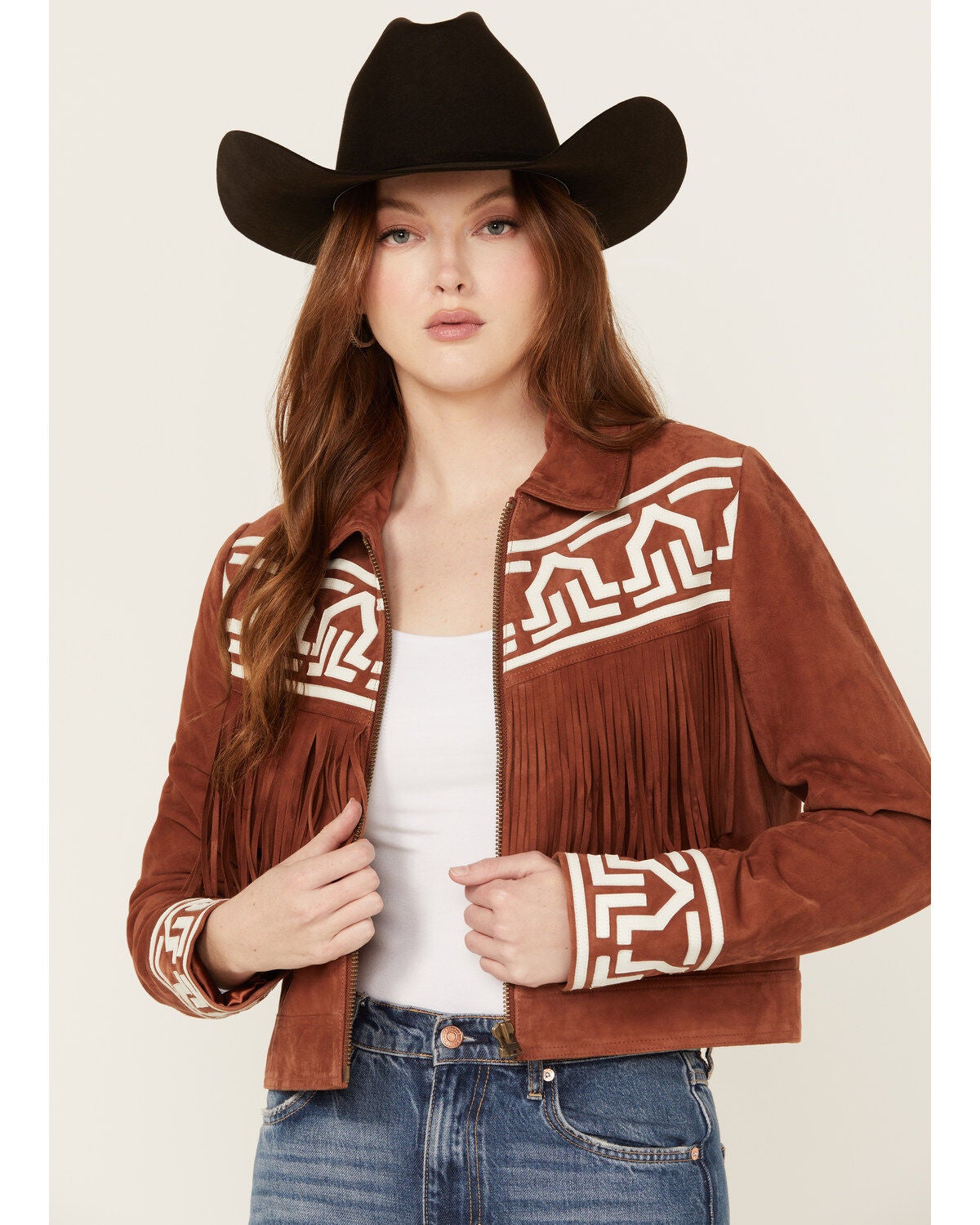 Shyanne Women's Embroidered Fringe Suede Jacket , Lt Brown