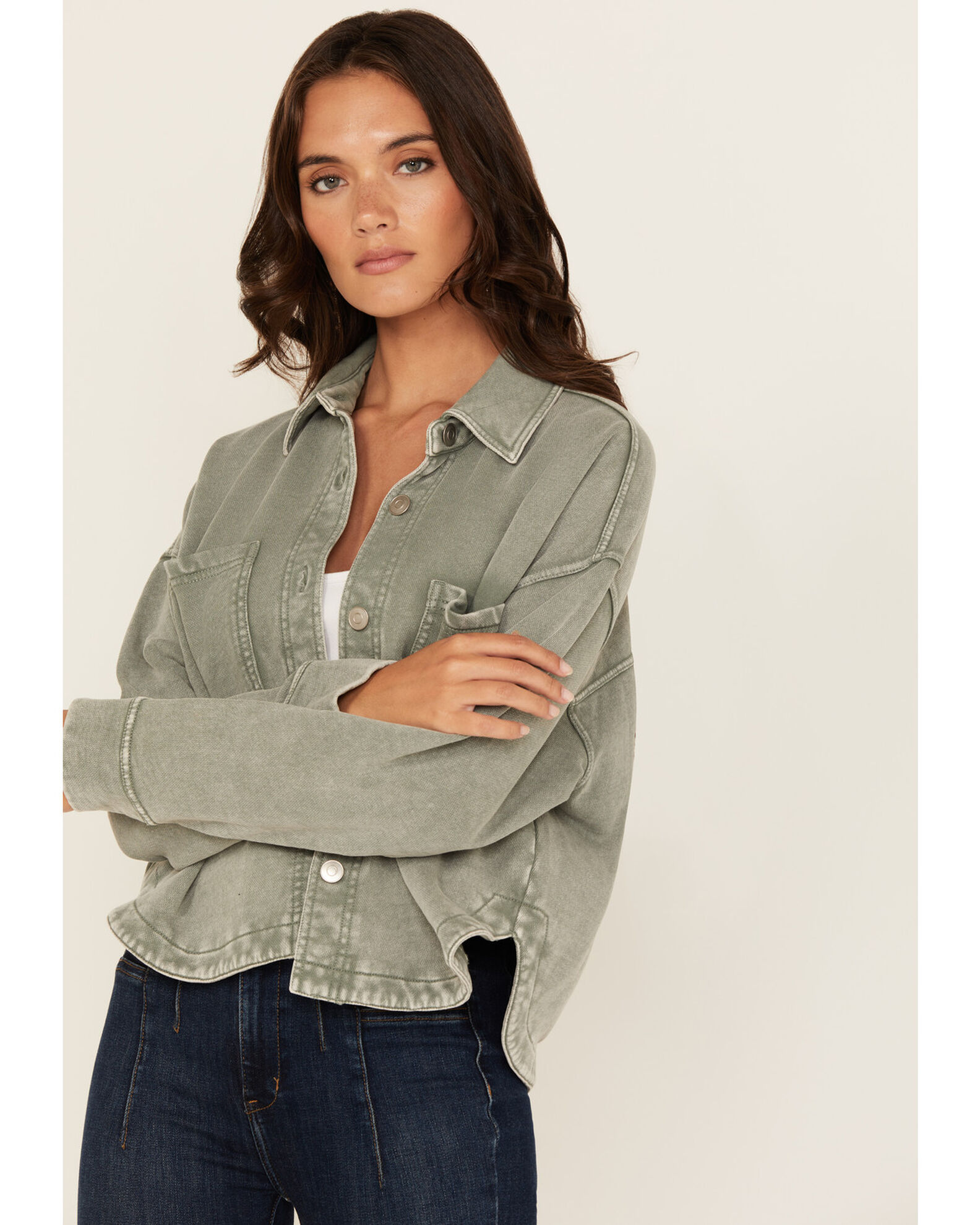 White Crow Women's Washed Cropped Knit Shacket, Green