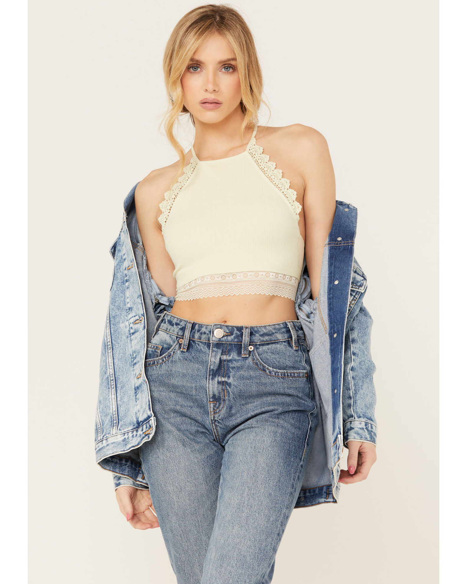 Fornia Women's Halter Lace Trim Bralette, Mint