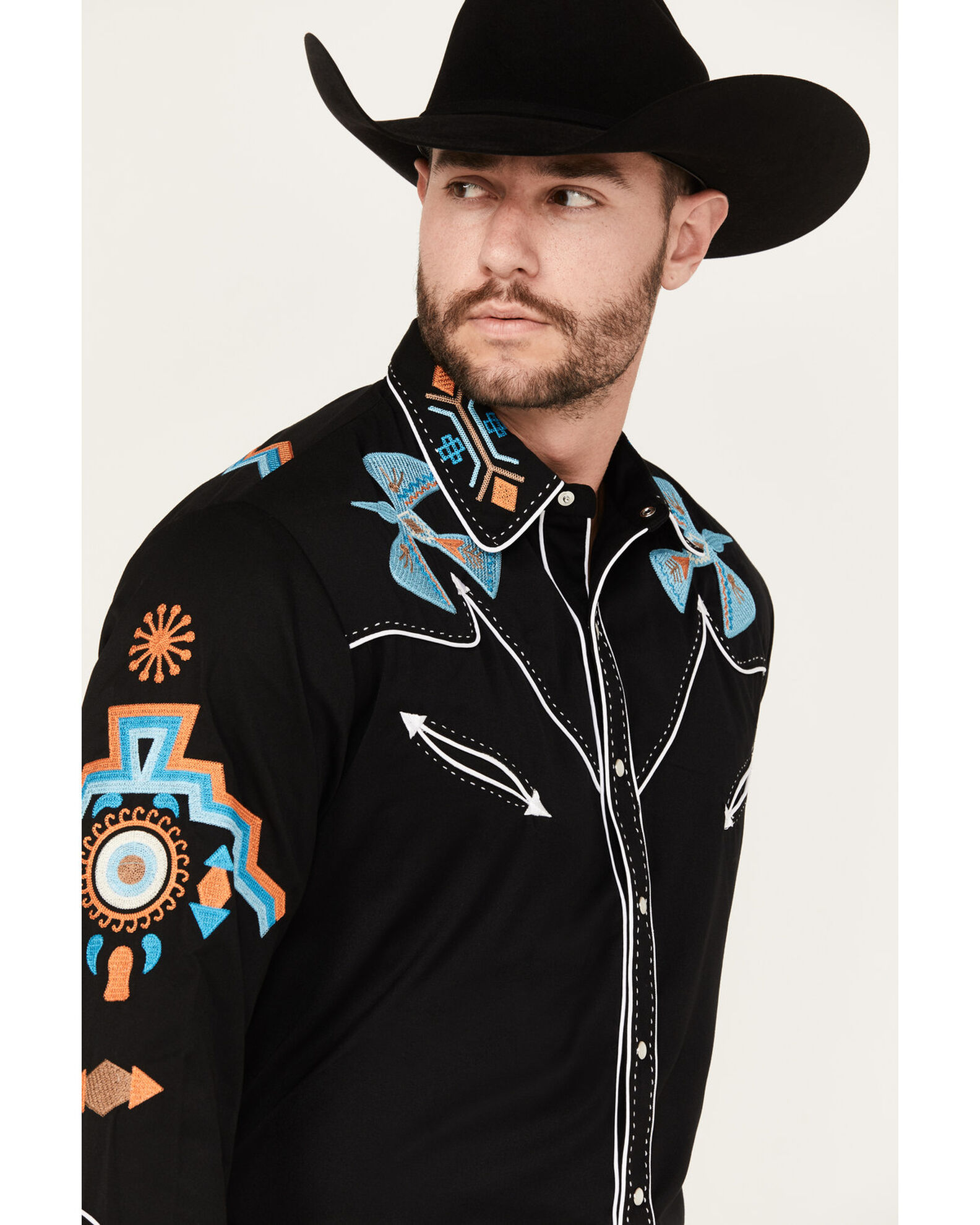 Scully Men's Phoenix Embroidered Retro Long Sleeve Western Shirt, Black