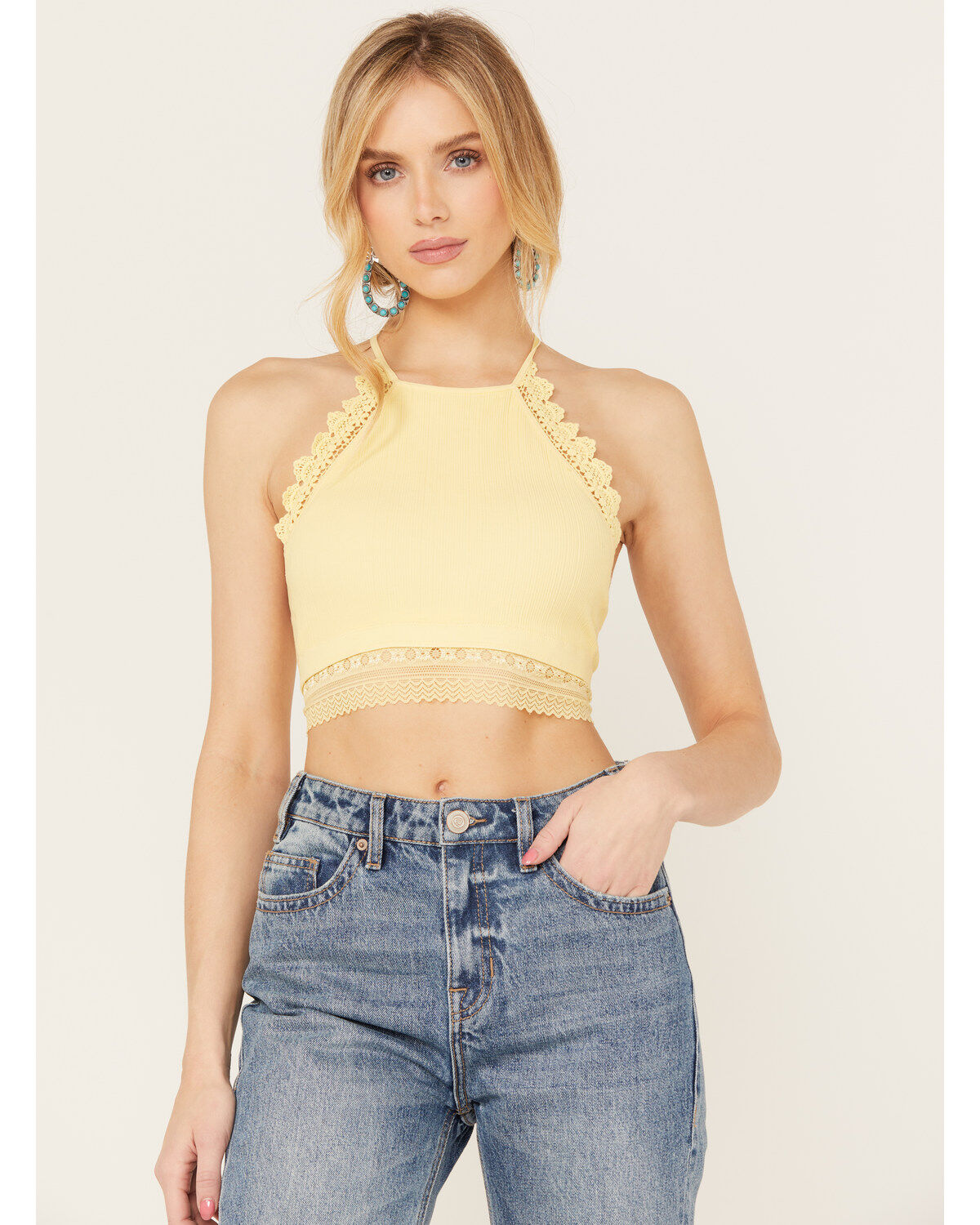 Fornia Women's Halter Lace Trim Bralette, Yellow