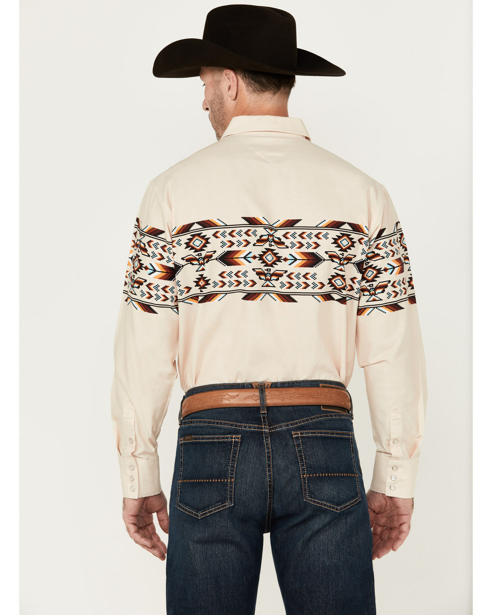 Panhandle Mens Southwestern Print Border Long Sleeve Pearl Snap