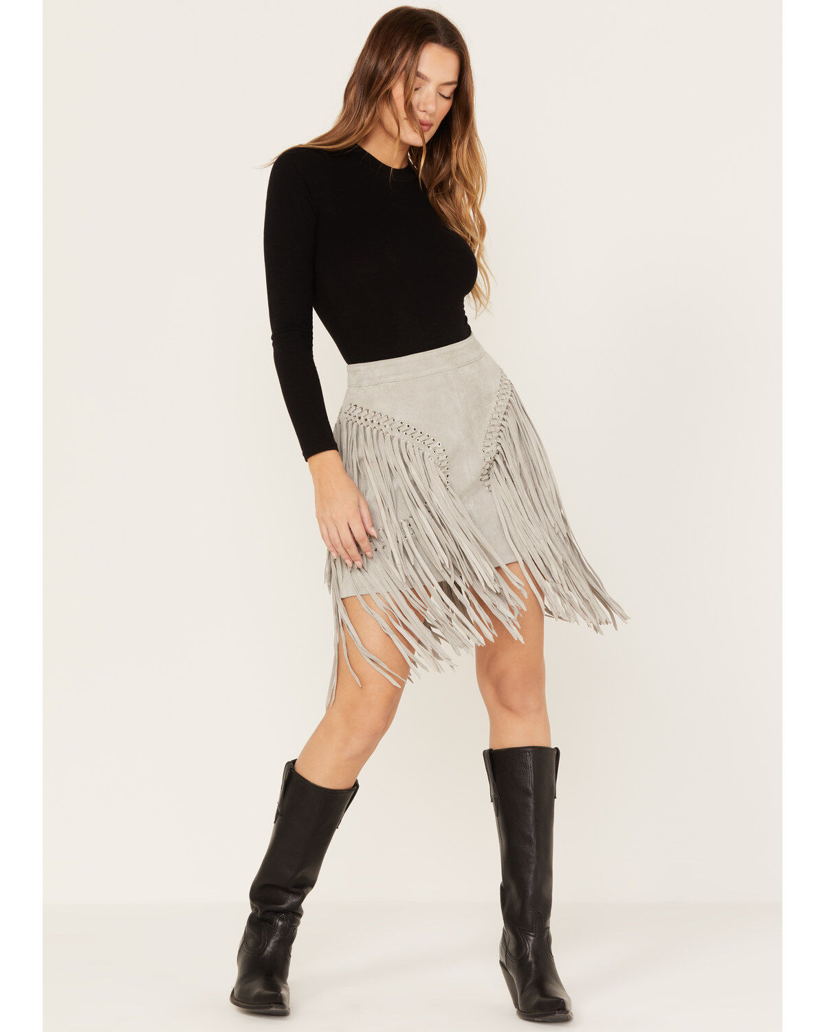 Wonderwest Women's Suede Fringe Mini Skirt, Grey