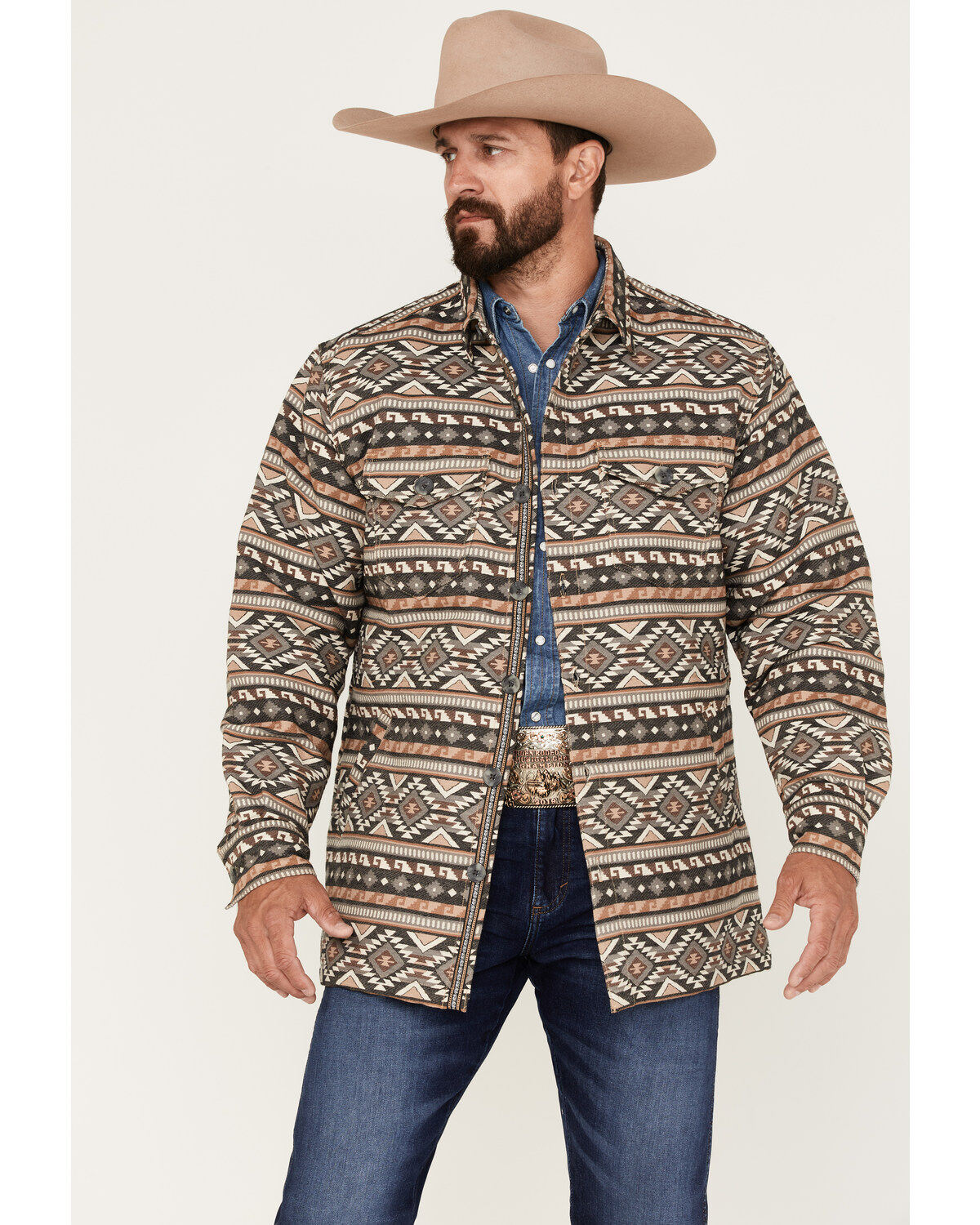 Scully Men's Southwestern Stripe Print Jacquard Shacket, Tan