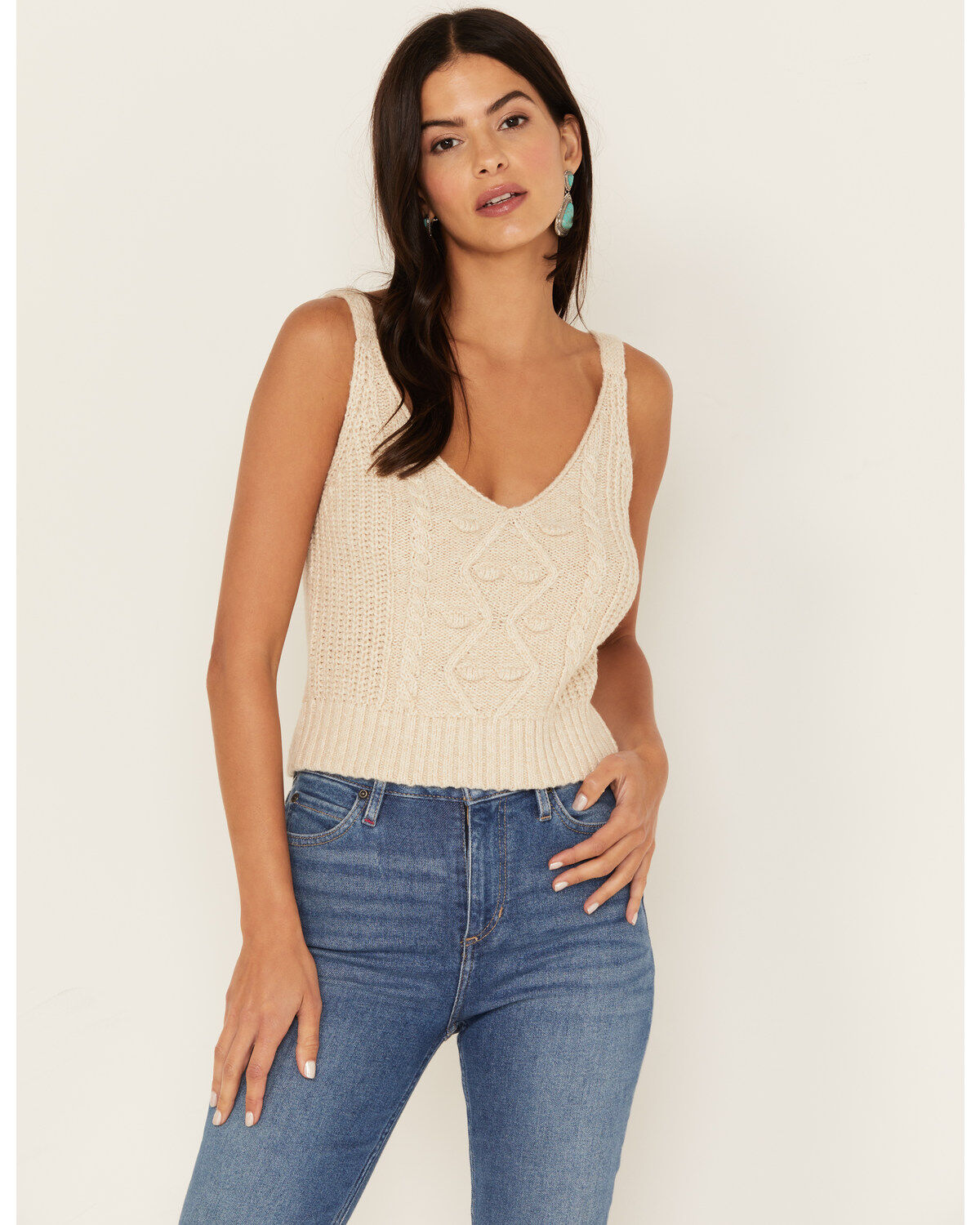 Cleo + Wolf Women's Cropped Cable Knit Sweater Cami Top, Ivory