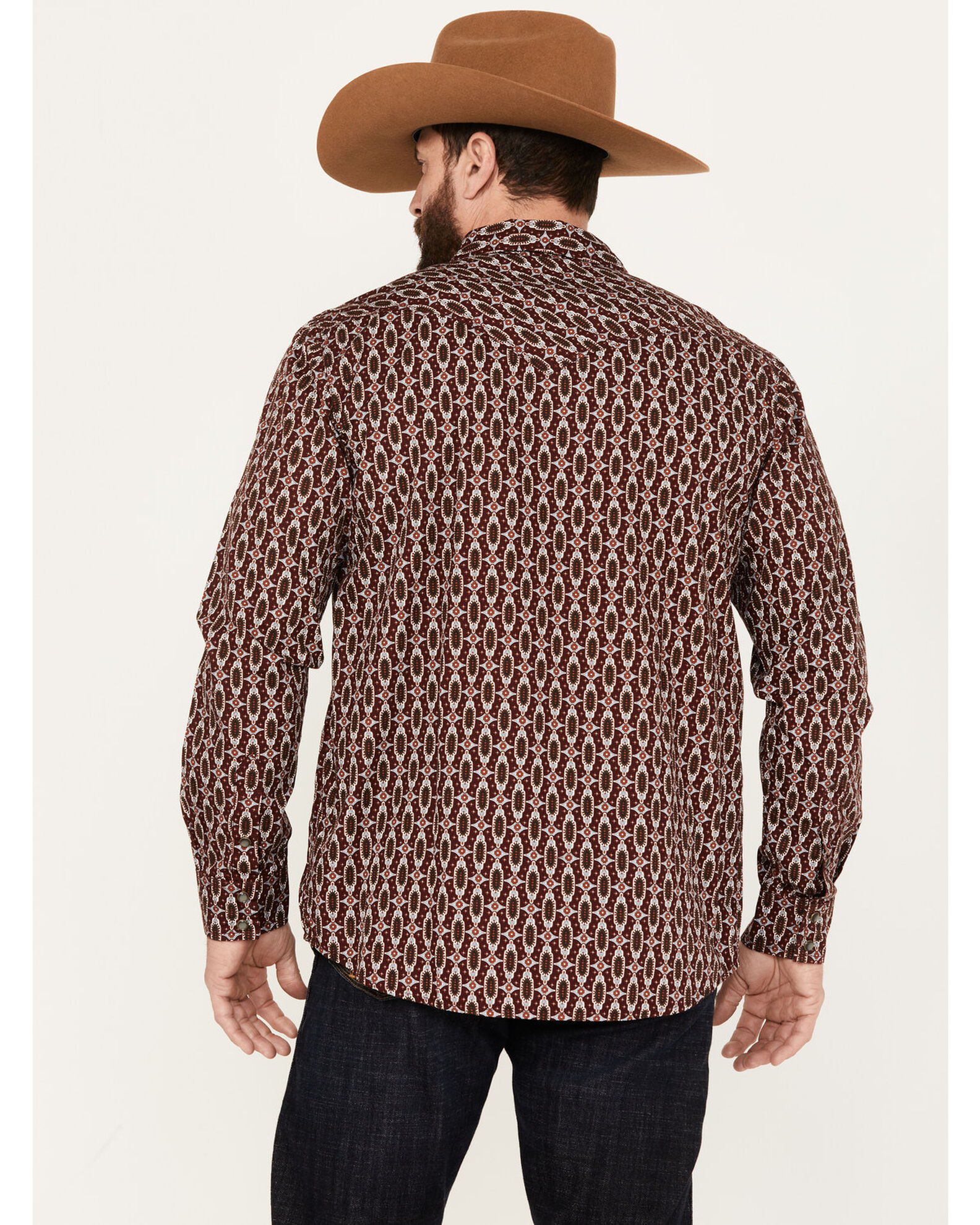 Moonshine Spirit Men's Gypsy Print Long Sleeve Western Snap Shirt, Burgundy
