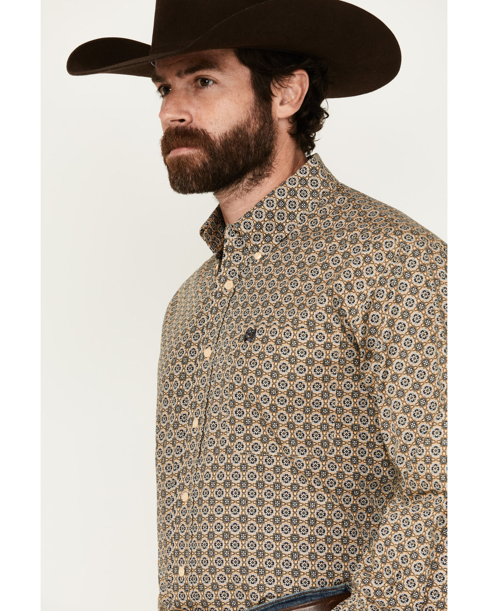 Cinch Men's Medallion Print Long Sleeve Button-Down Western Shirt, Gold