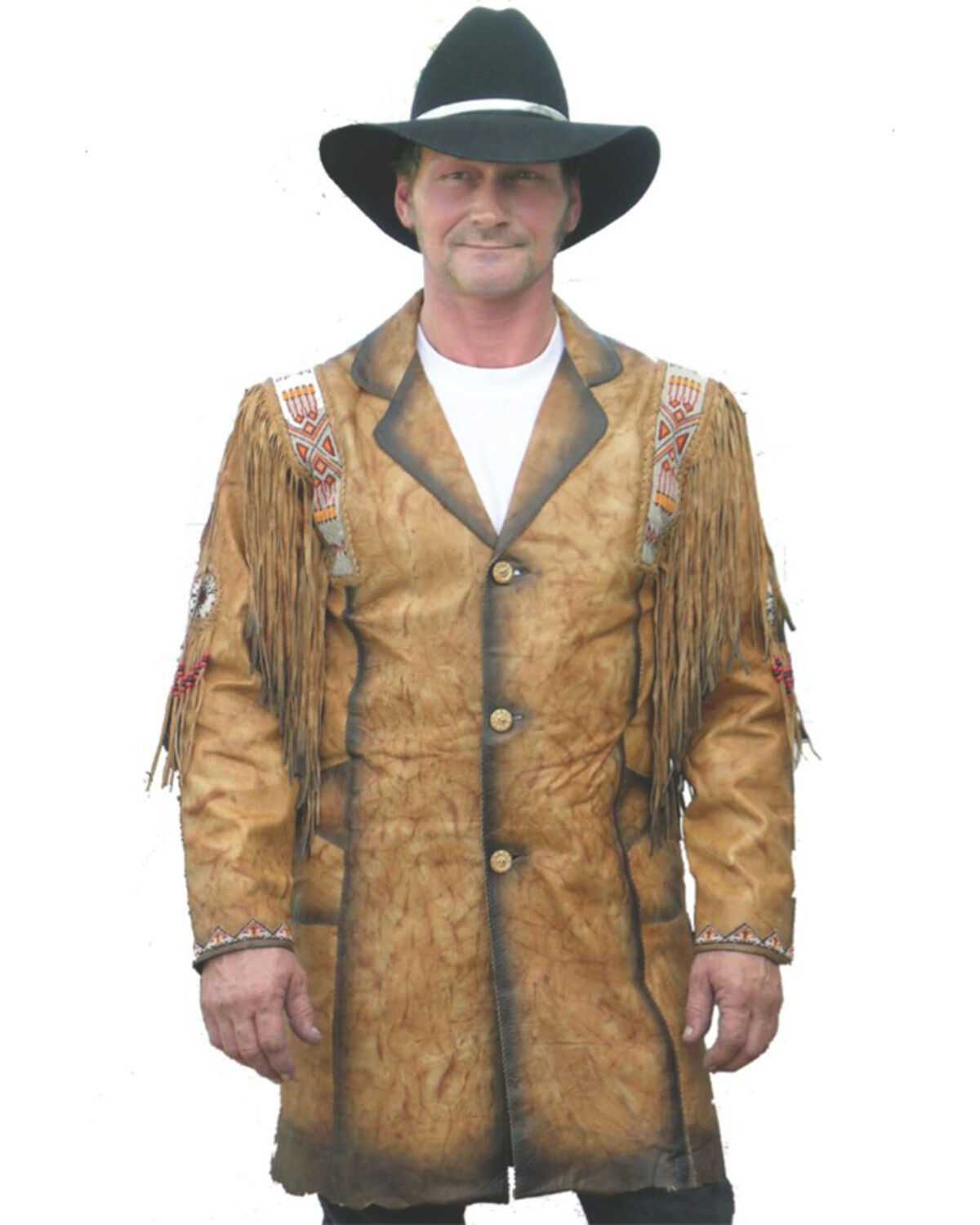 Image #1 - Kobler Leather Men's Fargo Beaded Long Jacket, Tan, hi-res