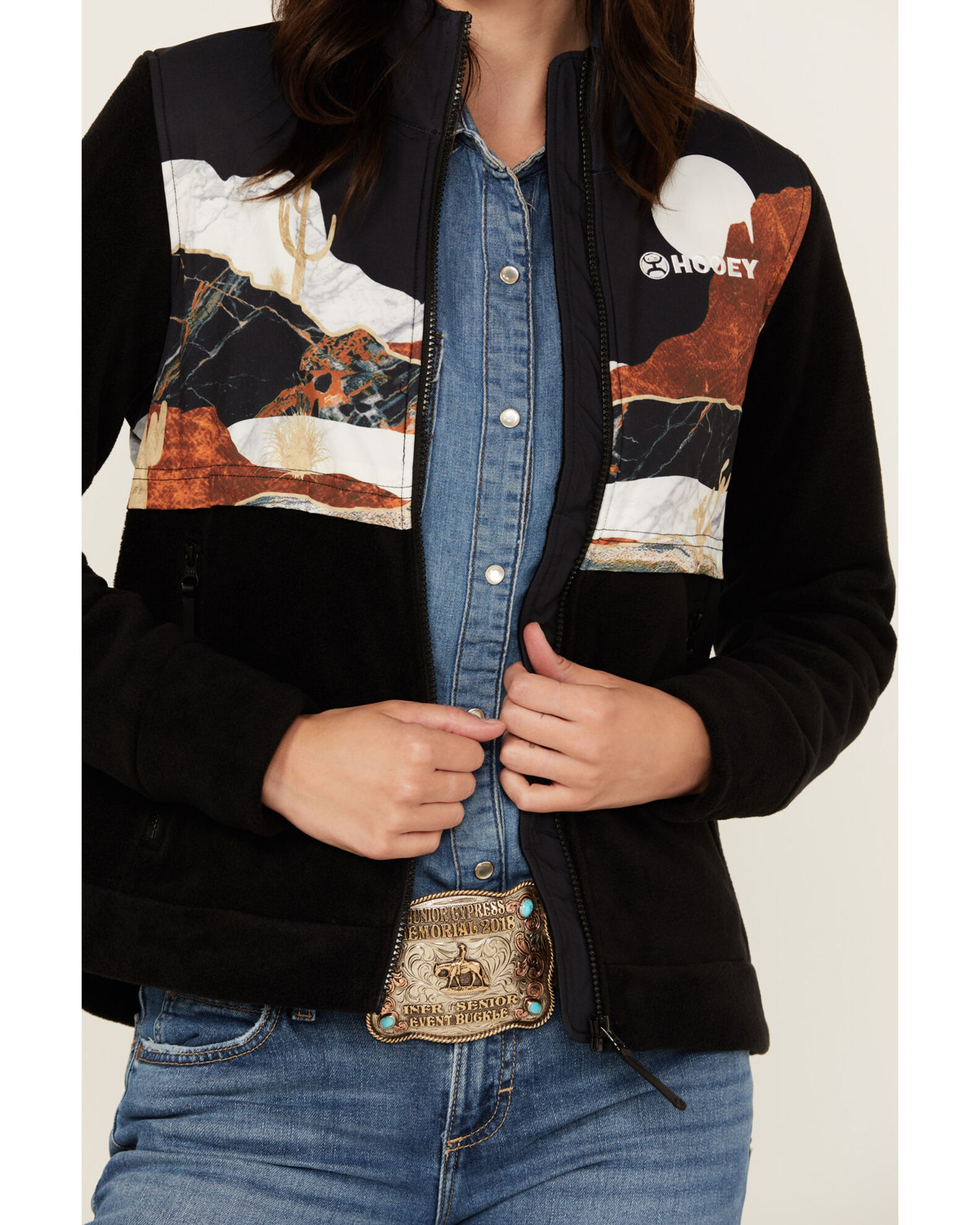 Hooey Womens Landscape Print Tech Fleece Jacket Black