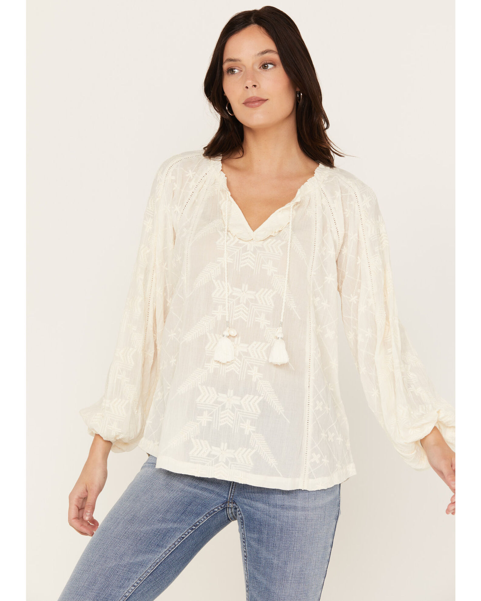 Shyanne Women's Long Sleeve Embroidered Boho Blouse, Cream
