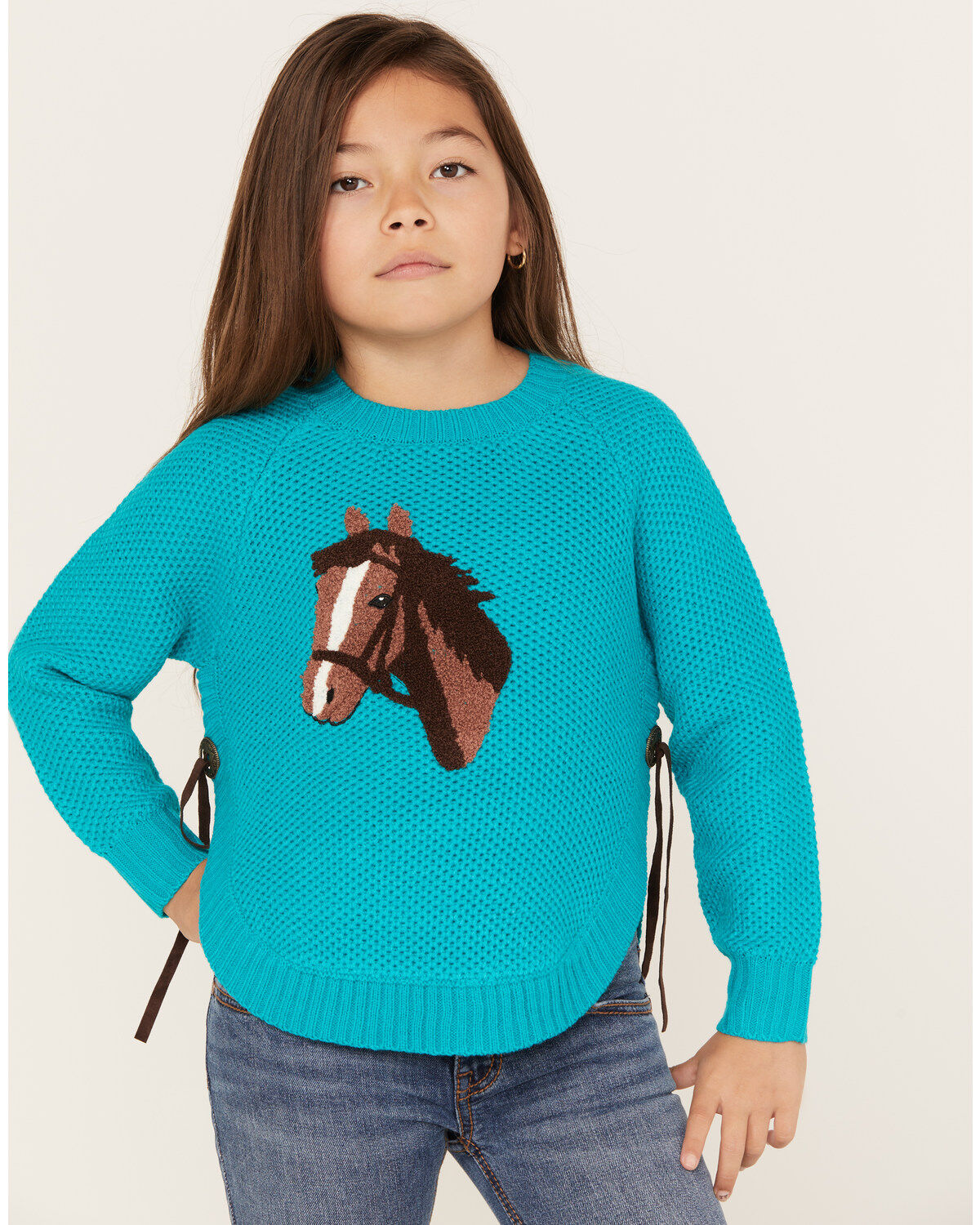 Cotton & Rye Girls' Horse Graphic Sweater, Turquoise