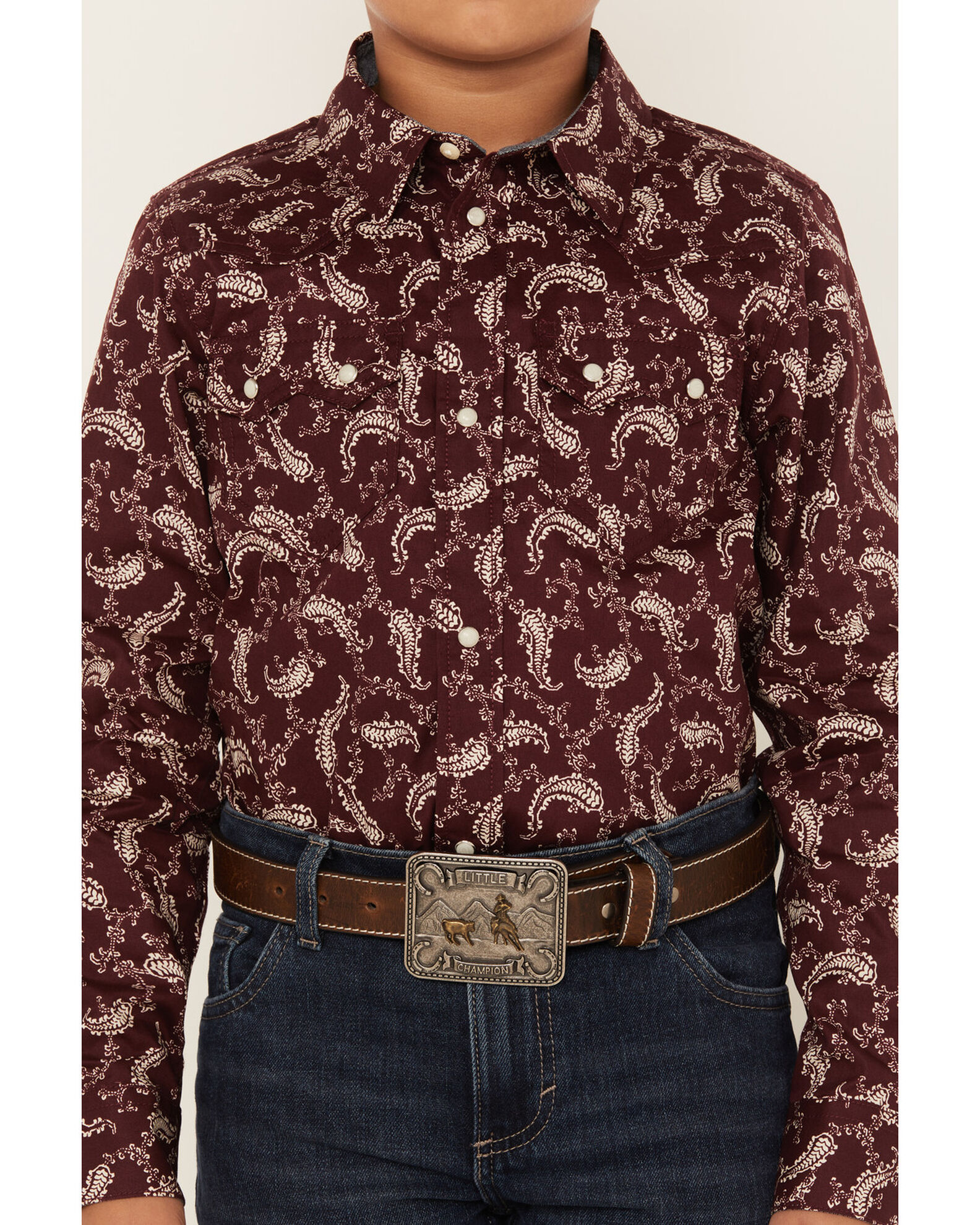 Cody James Boys' Paisley Print Long Sleeve Snap Western Shirt, Burgundy