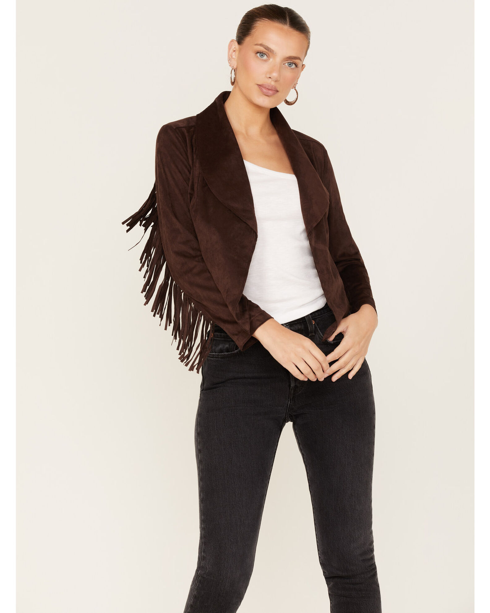 Shyanne Womens Fringe Faux Suede Jacket Chocolate