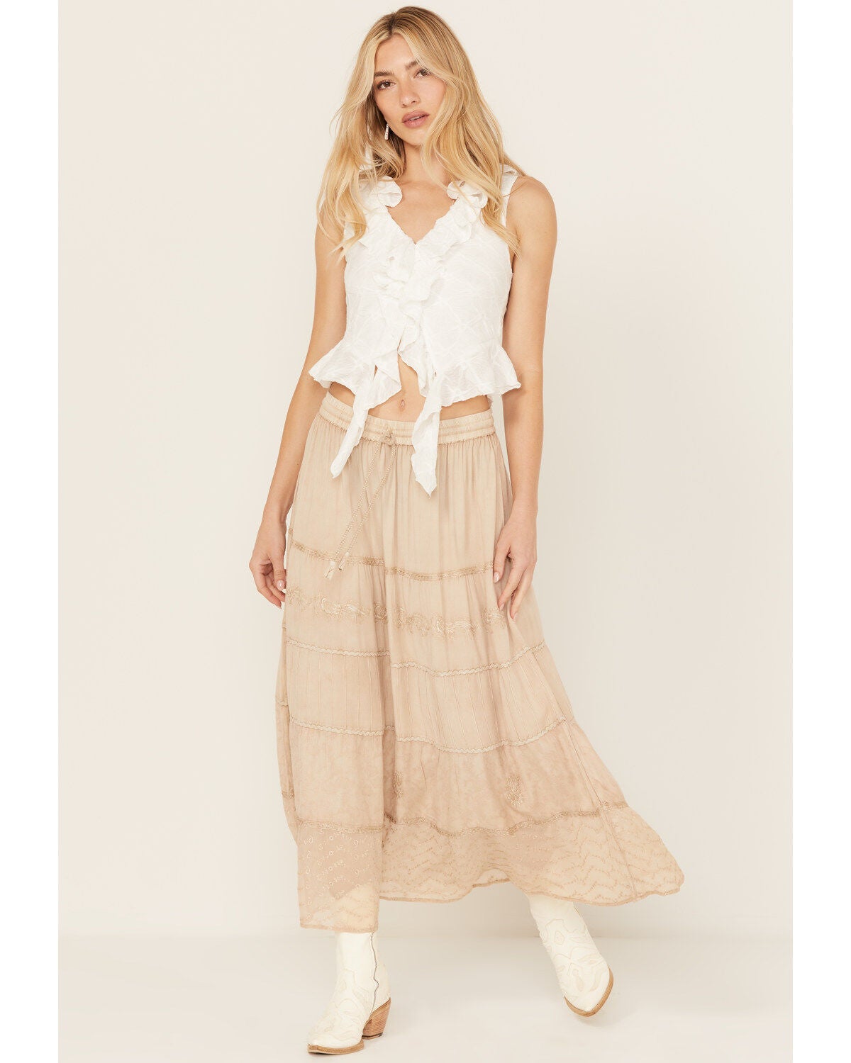 Gunit Women's Tiered Midi Skirt, Ivory, hi-res