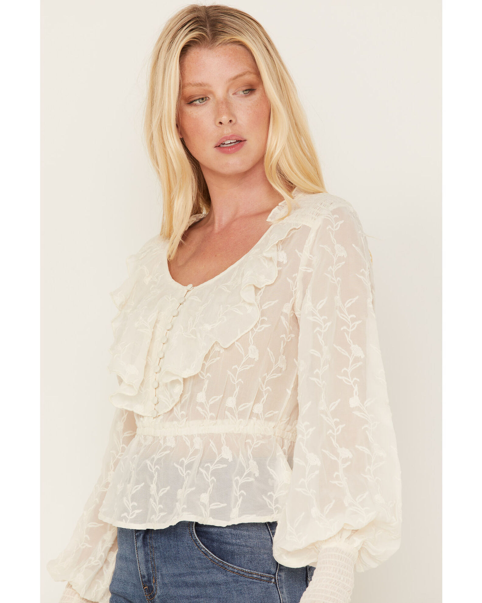 Shyanne Women's Floral Embroidered Chiffon Ruffle Blouse, Off White