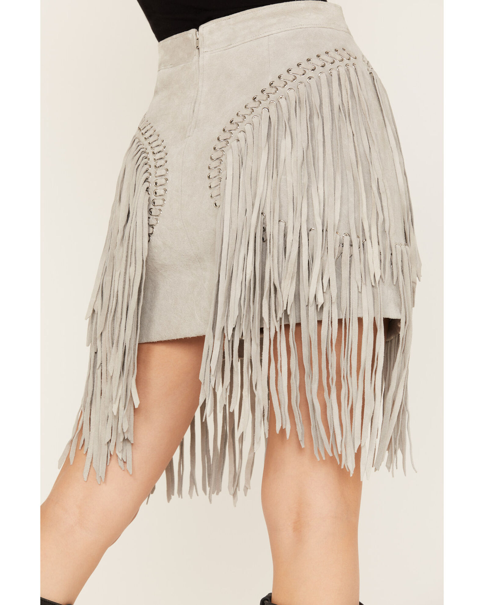 Wonderwest Women's Suede Fringe Mini Skirt, Grey