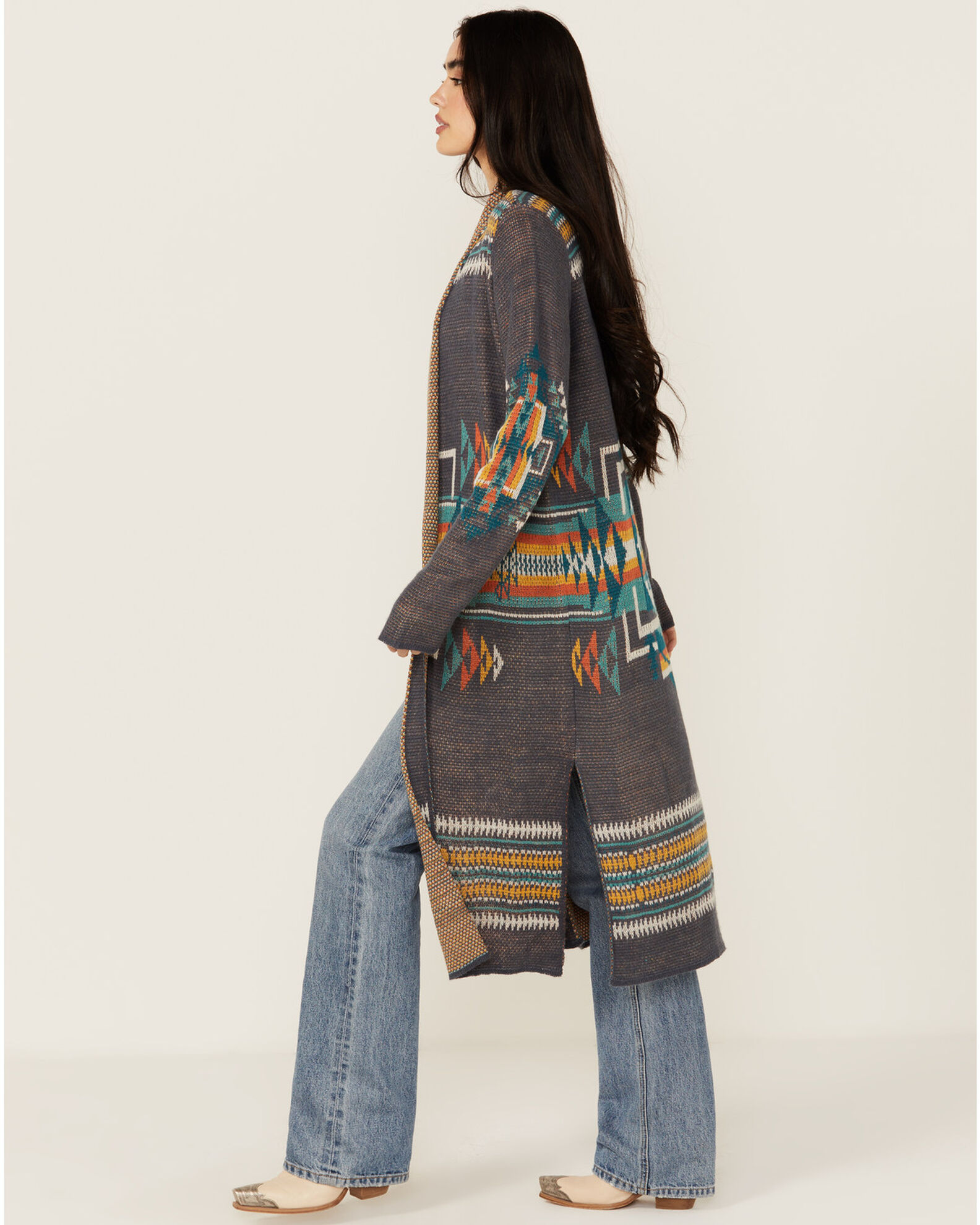 Rock & Roll Denim Women's Southwestern Print Duster Cardigan, Grey