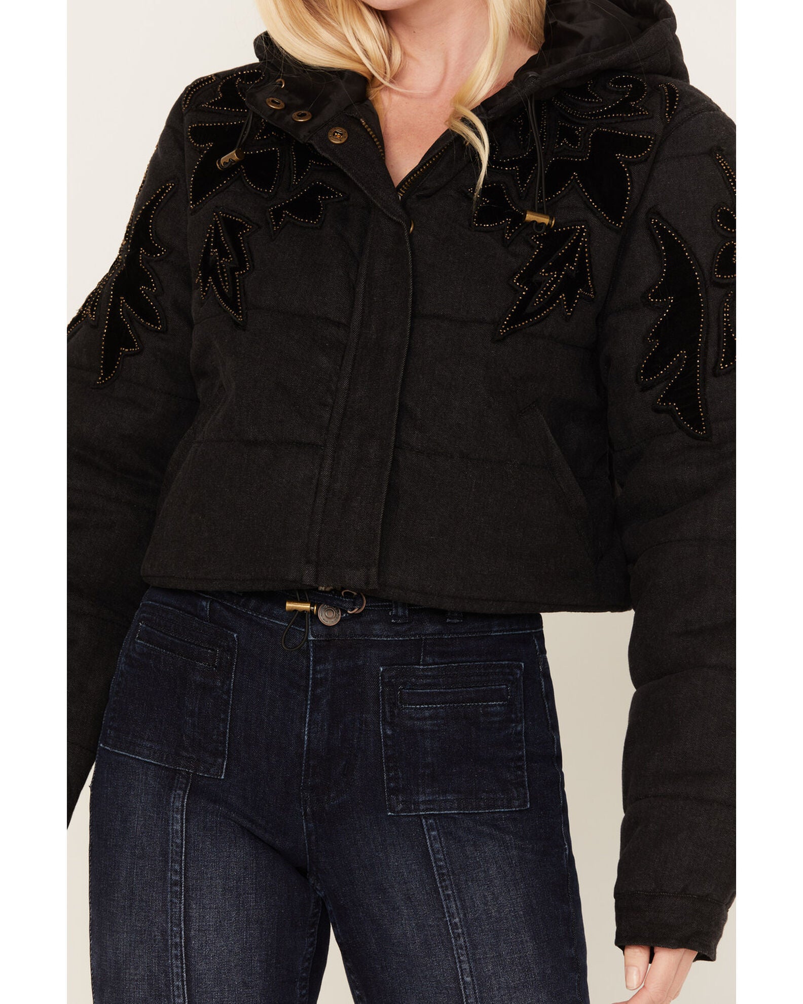 Free People Women's Fleur De Lis Denim Puffer Jacket, Black