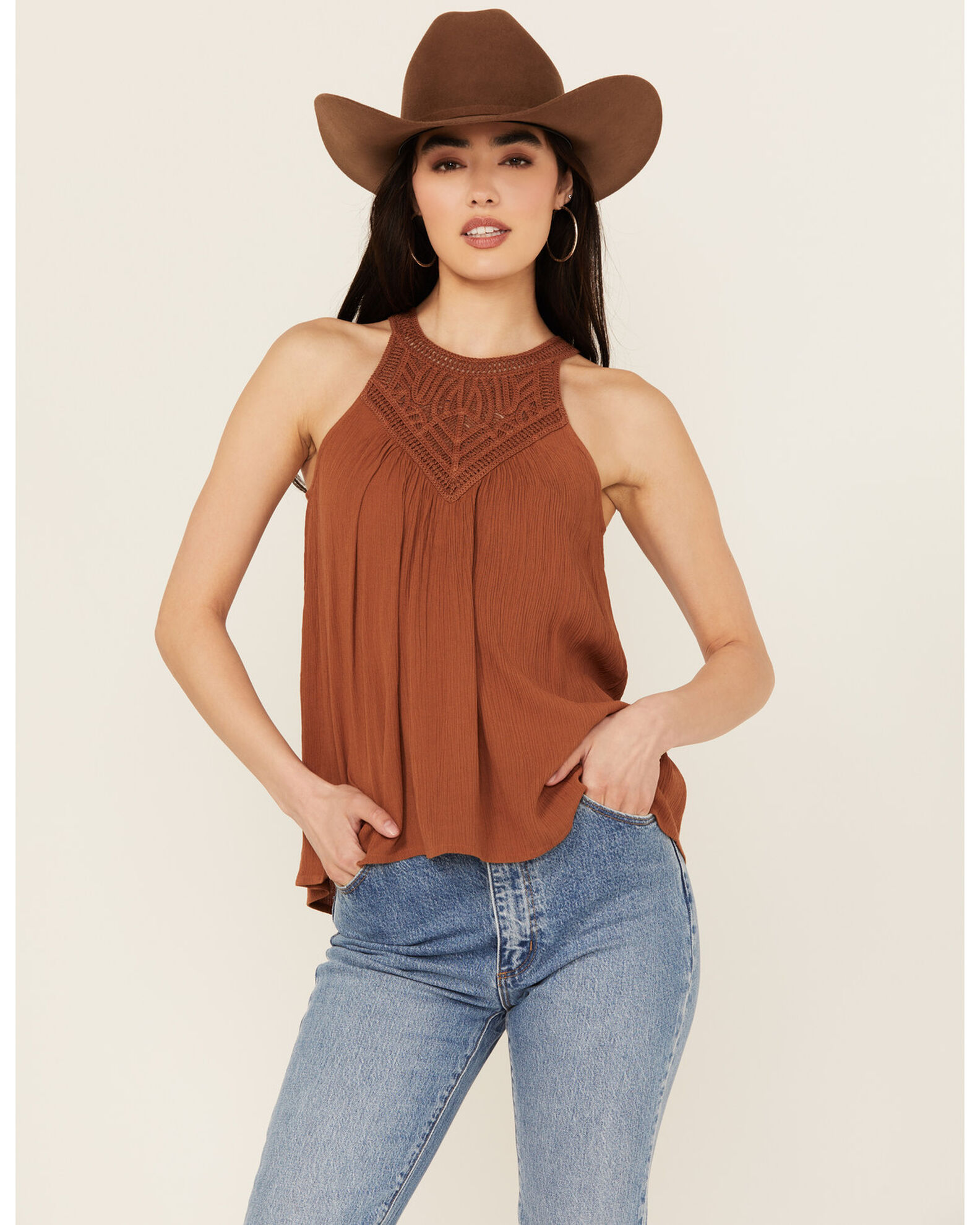 Shyanne Women's Crochet Halter Tank Top, Caramel