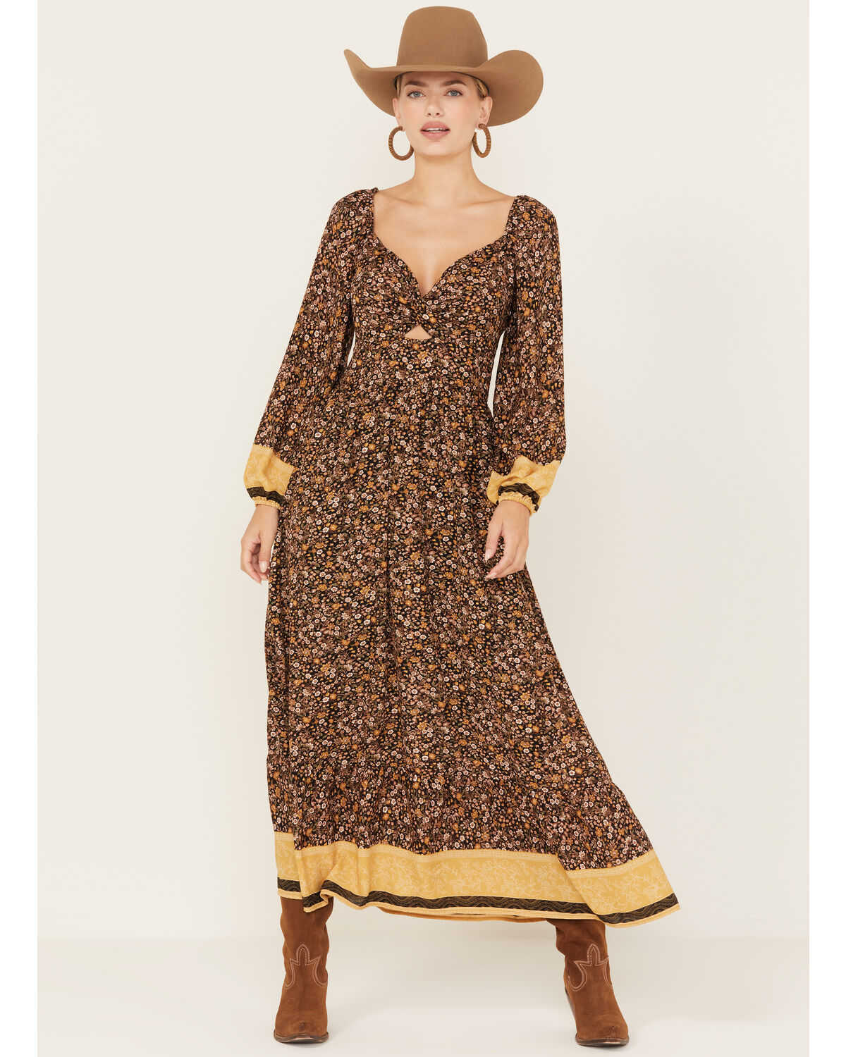 Product Name: Wild Moss Women's Floral Border Print Long Sleeve Maxi Dress