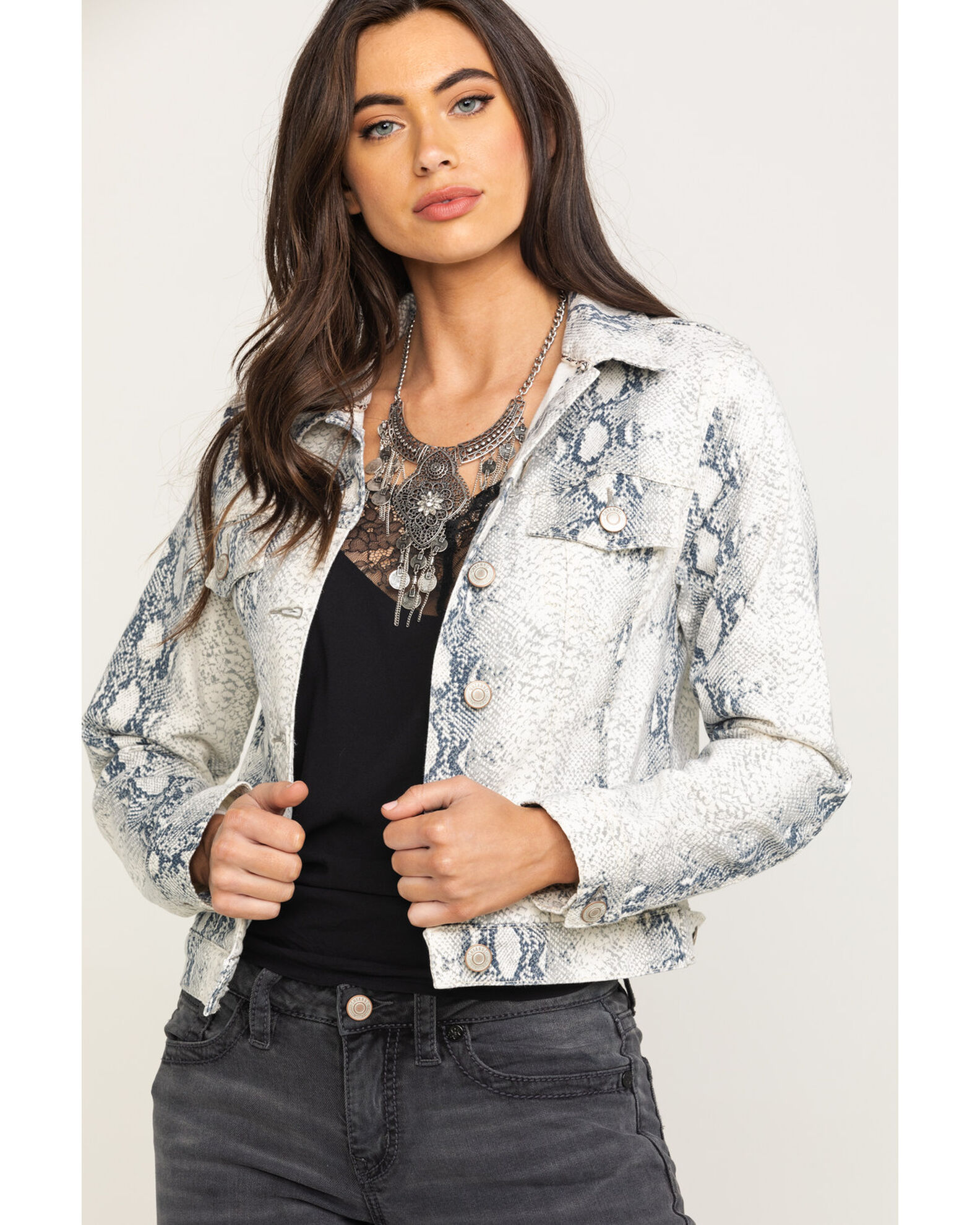 Product Name: Shyanne Women's Python Print Denim Trucker Jacket