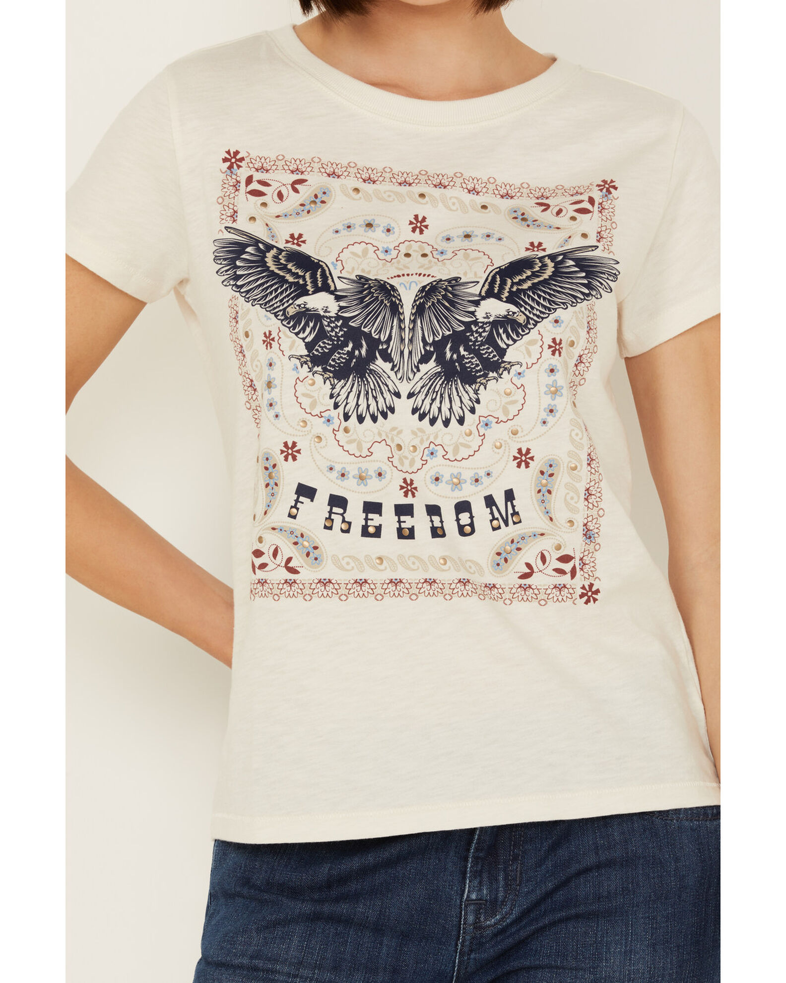 Shyanne Women's Be Free Studded Short Sleeve Boyfriend Graphic Tee, Cream