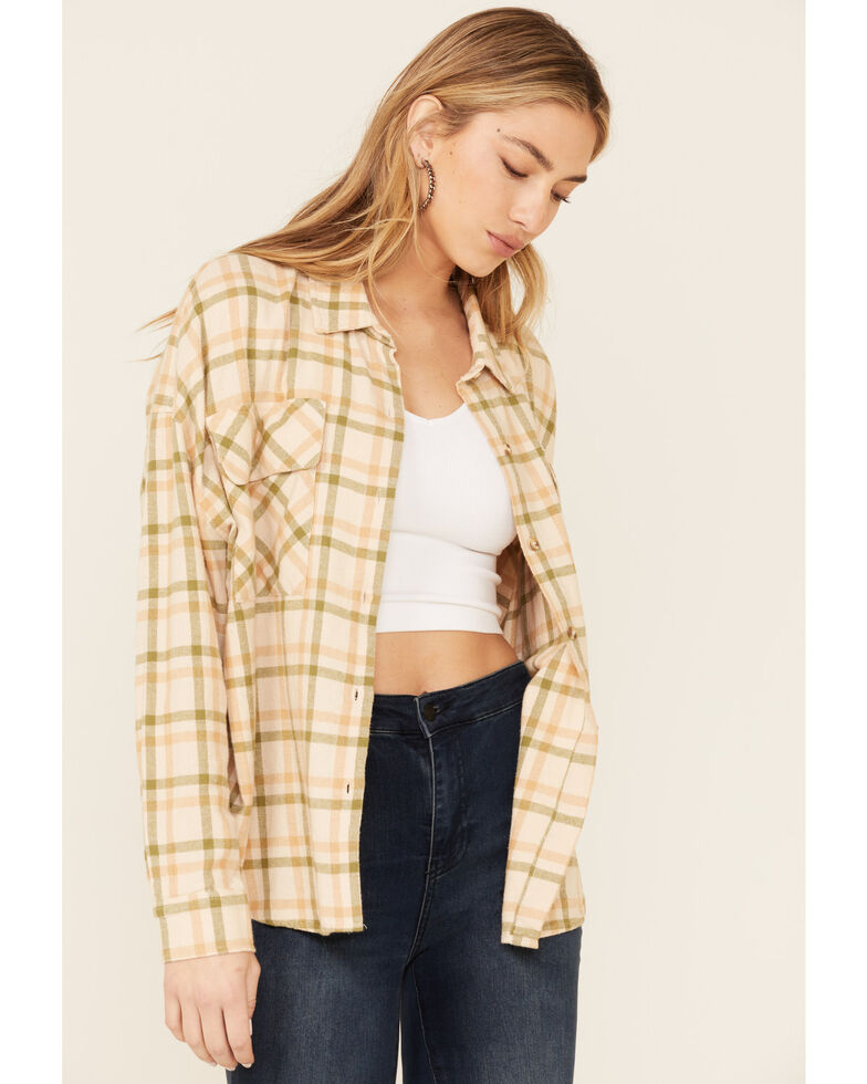 By Together Womens Light Brown Plaid Long Sleeve Button Down Western