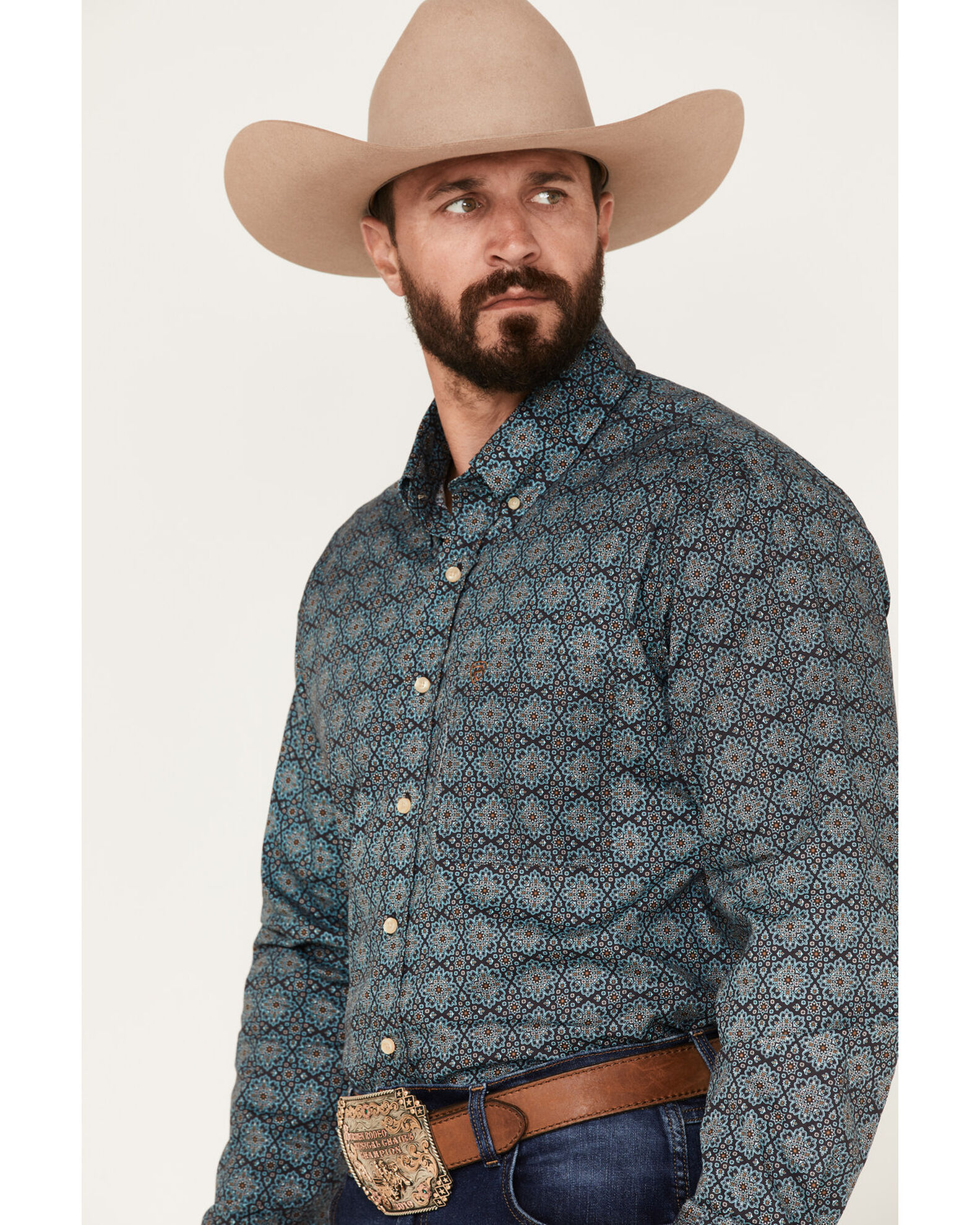 Rock And Roll Denim Mens Medallion Print Stretch Long Sleeve Button Down